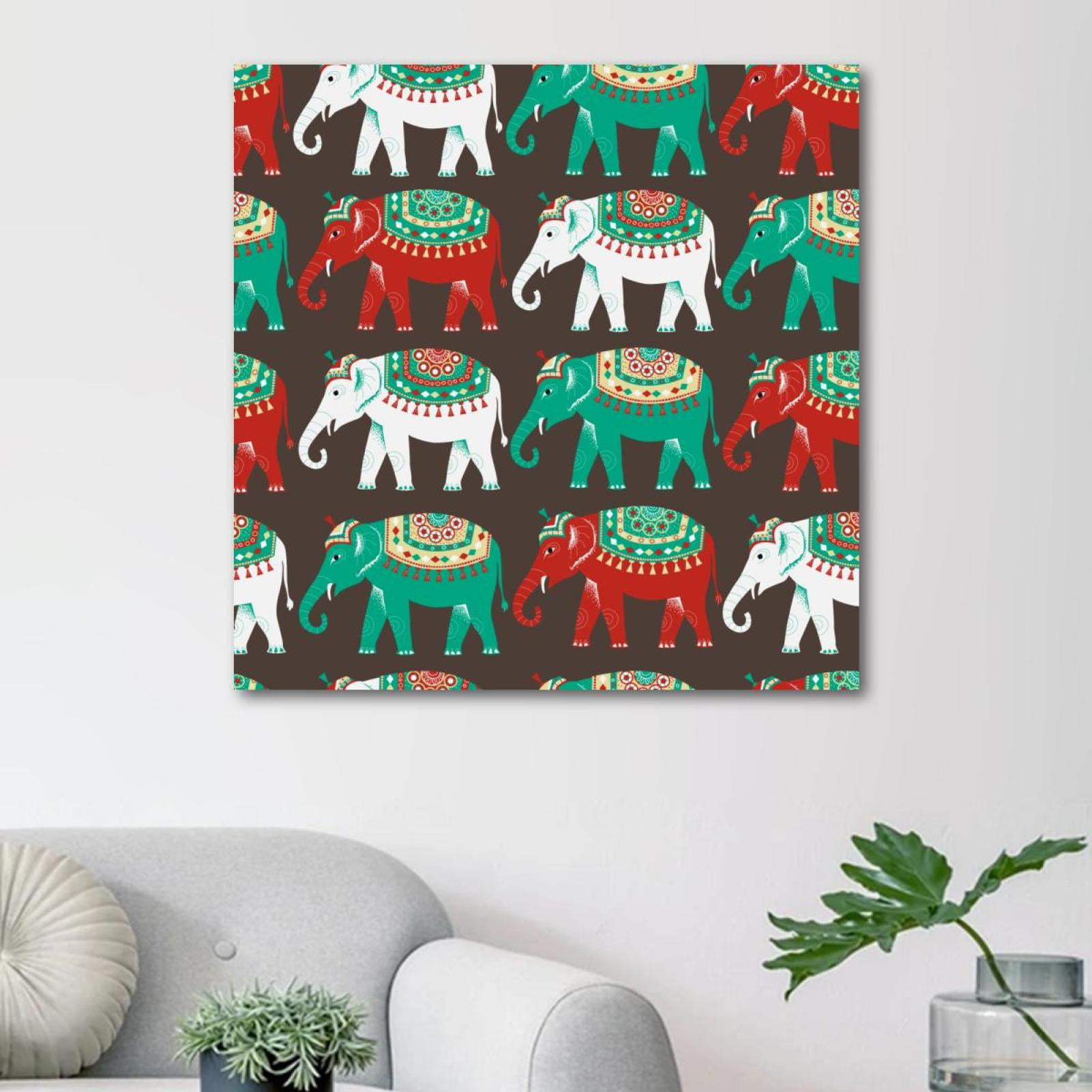 OWNSERIES Ethnic Indian Elephants Green White Red Pattern Canvas Wall ...