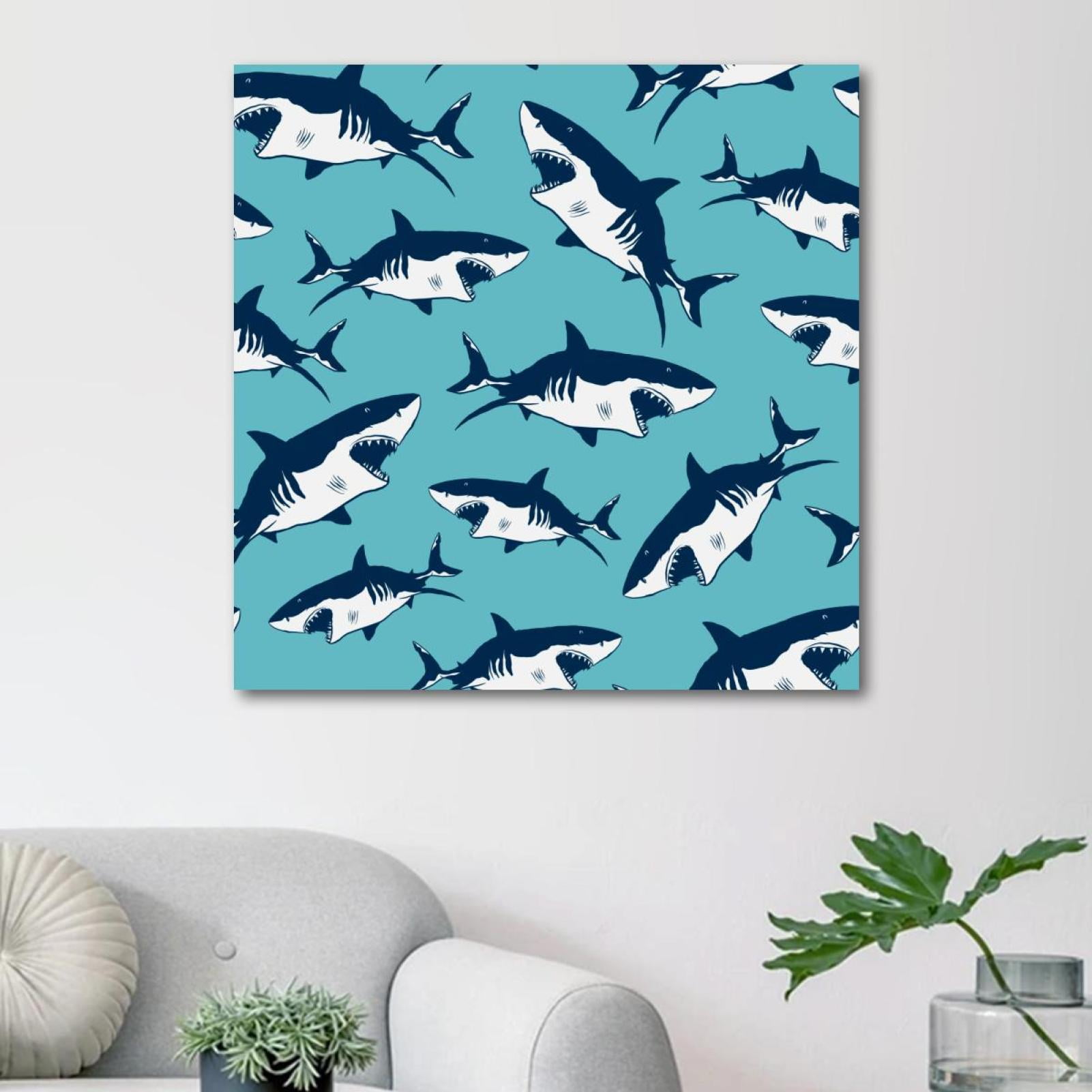OWNSERIES Fierce Sharks Marine Blue Background Pattern Canvas Wall Art ...