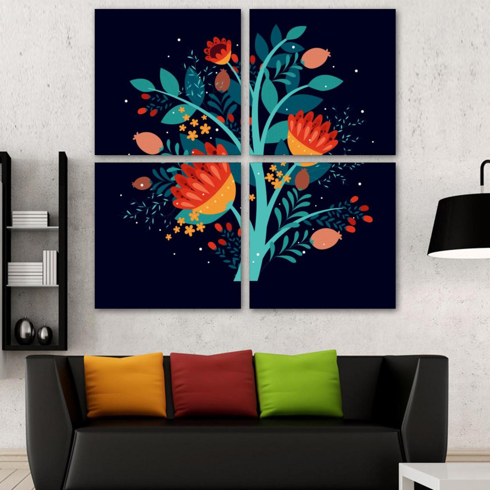 OWNSERIES Flat Colourful Floral Branch Pattern 4PC Frameless Canvas ...