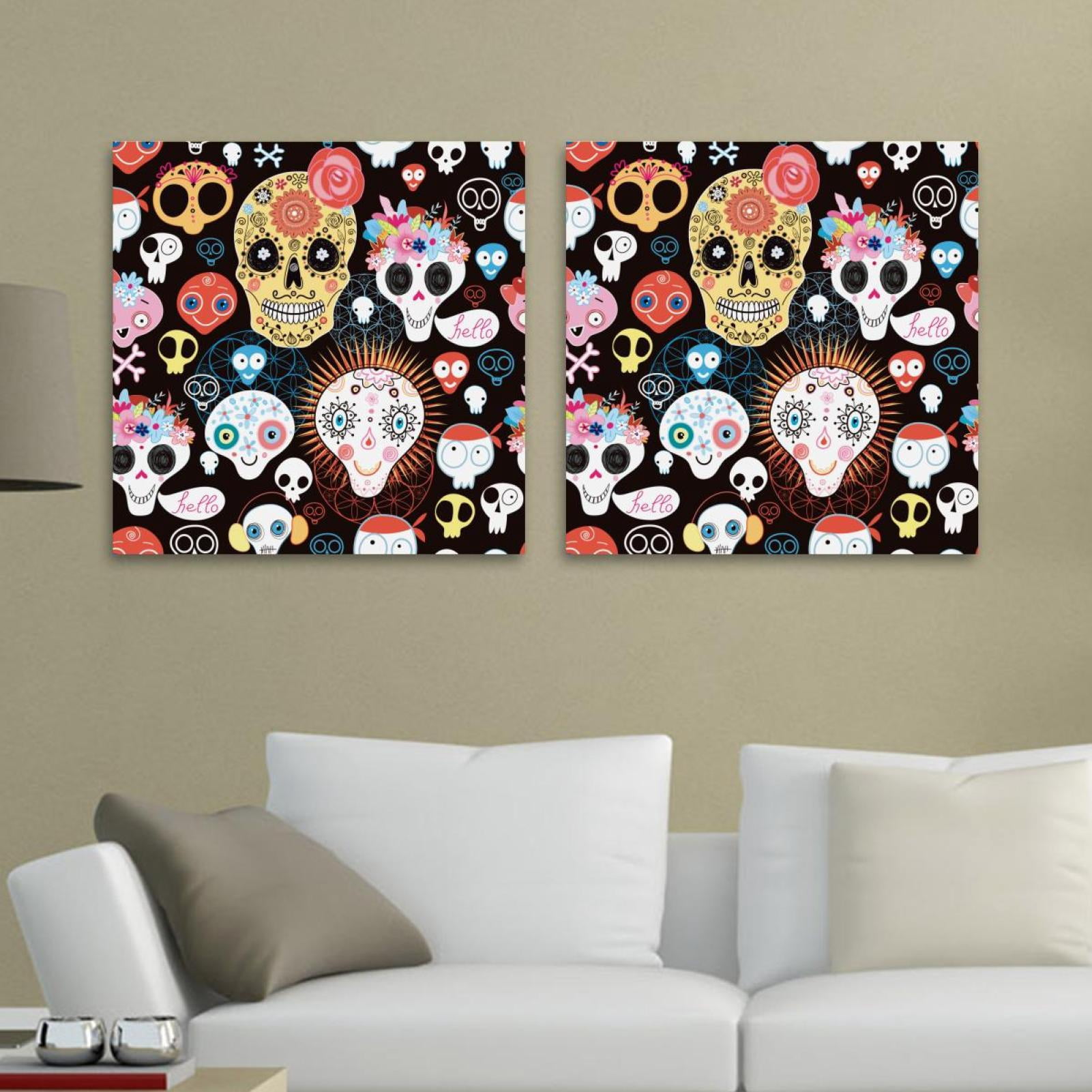OWNSERIES Florals Skulls Multi Color Pattern 2PC Canvas Wall Art ...