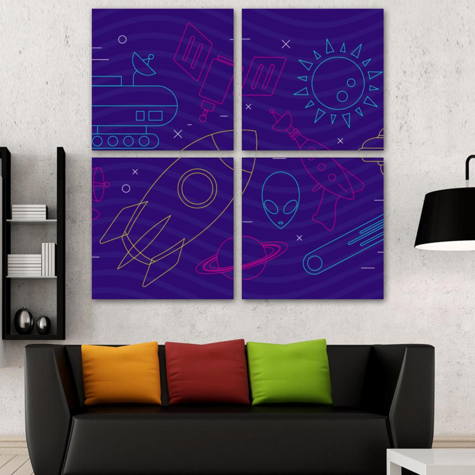 OWNSERIES Funky Space Icons Pattern 4PC Frameless Canvas Wall Art ...