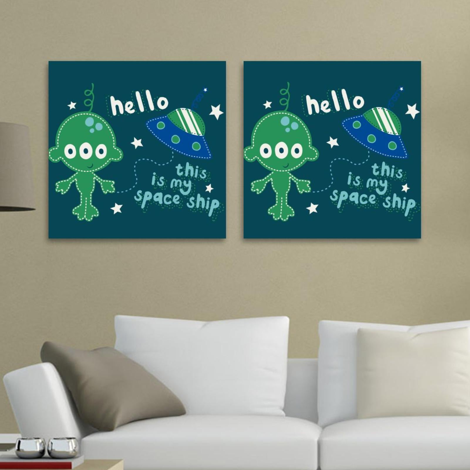 OWNSERIES Funny Alien with Spaceship Hello Pattern 2PC Canvas Wall Art ...