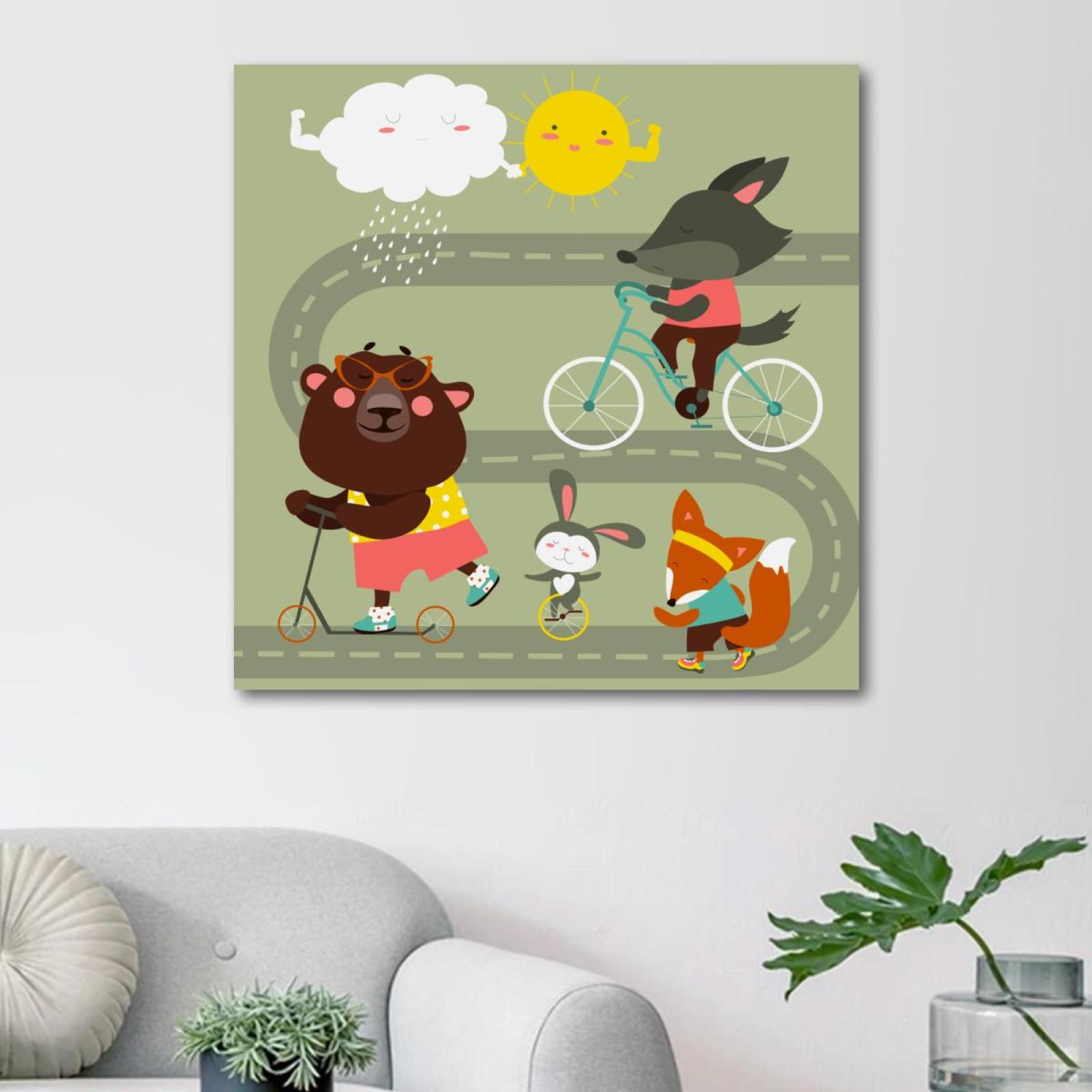 OWNSERIES Funny Cartoon Fox Bear Rabbit with Bicycle Pattern Canvas ...