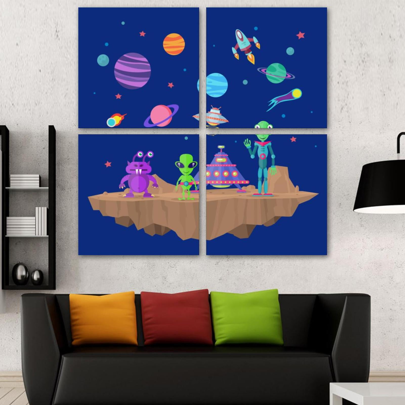 OWNSERIES Galaxy Planets Alien Rocket Pattern 4PC Frameless Canvas Wall ...