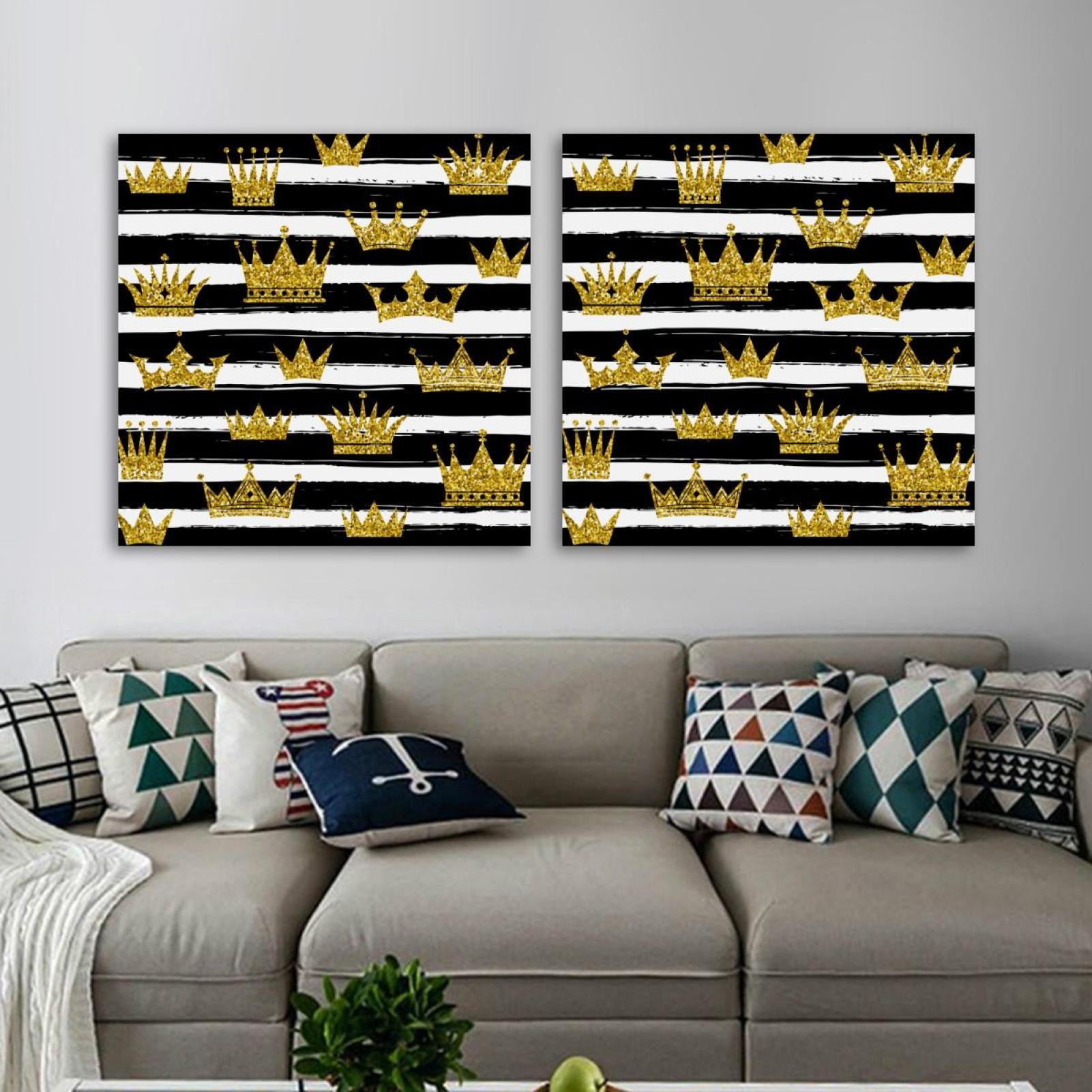 OWNSERIES Goldren Crown on Black White Stripe Pattern 2PC Canvas Wall ...