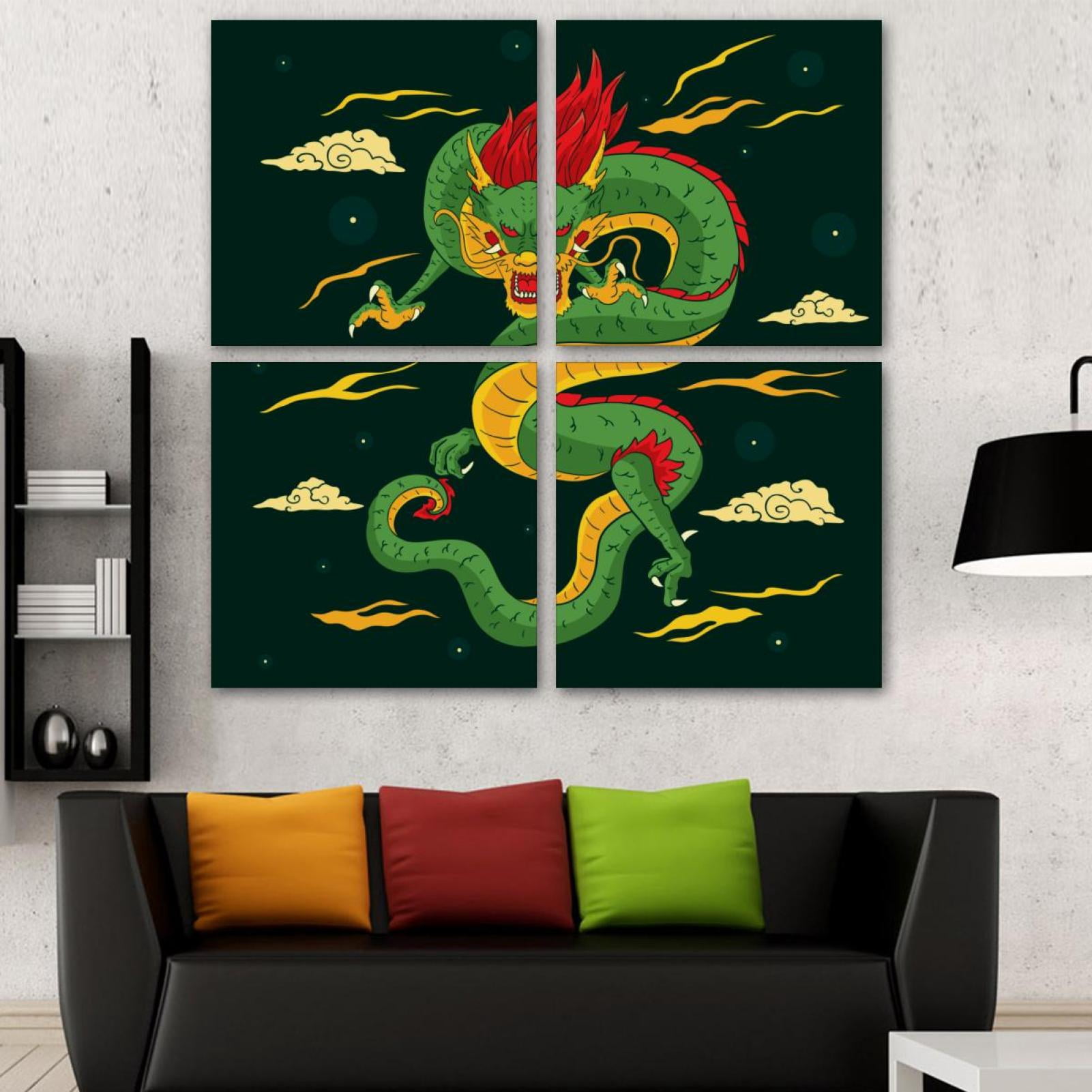 OWNSERIES Green Chinese Dragon Pattern 4PC Frameless Canvas Wall Art ...