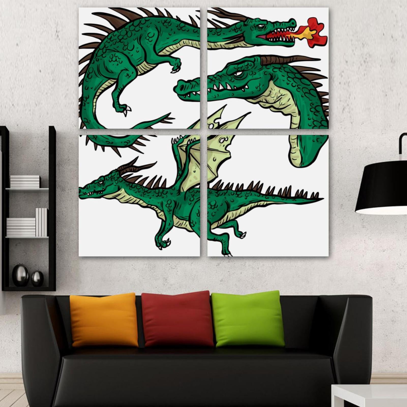 OWNSERIES Green Dragon Pattern 4PC Frameless Canvas Wall Art Paintings ...