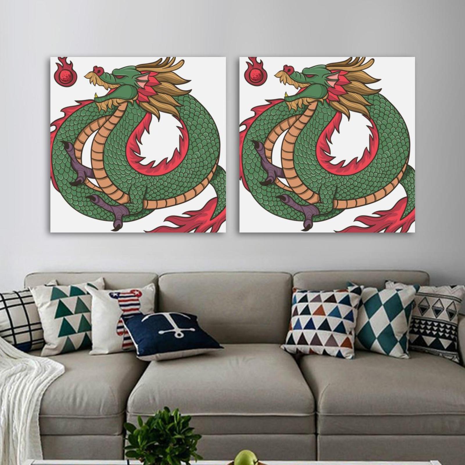 OWNSERIES Green Traditional Chinese Dragon Pattern 2PC Canvas Wall Art ...