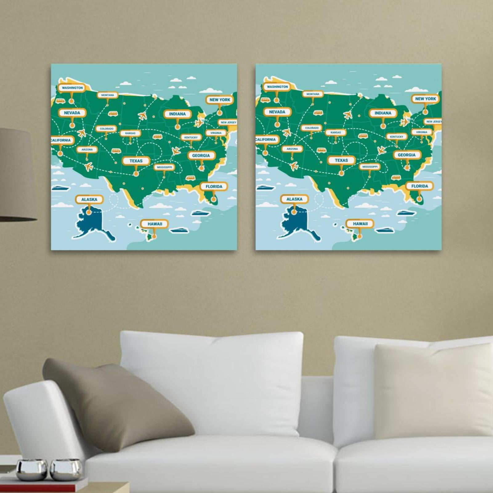 OWNSERIES Green United States Map Pattern 2PC Canvas Wall Art Paintings ...