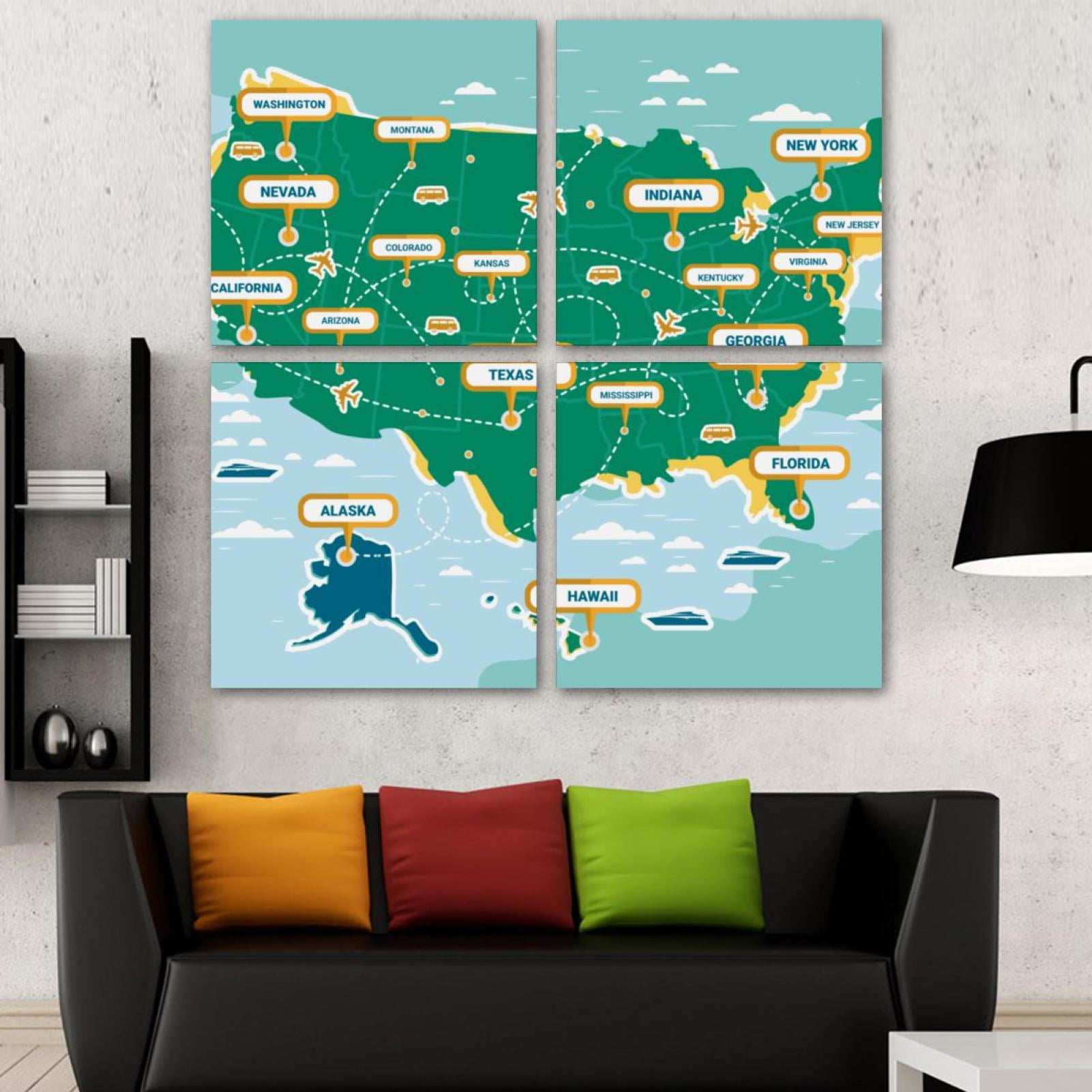OWNSERIES Green United States Map Pattern 4PC Frameless Canvas Wall Art ...