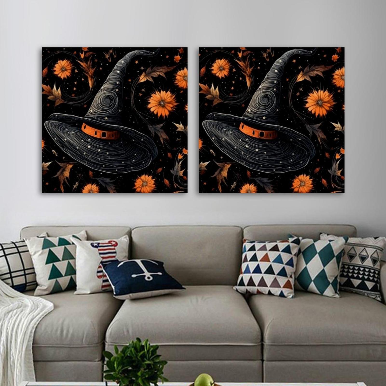 OWNSERIES Halloween Witch Hat Pattern 2PC Canvas Wall Art Paintings for ...