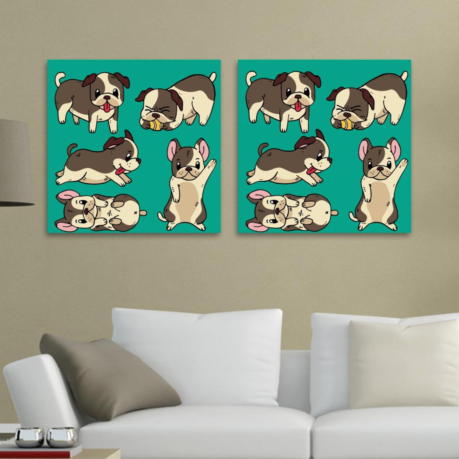 OWNSERIES Hand Drawn Lovely Pugs Dogs Pattern 2PC Canvas Wall Art ...