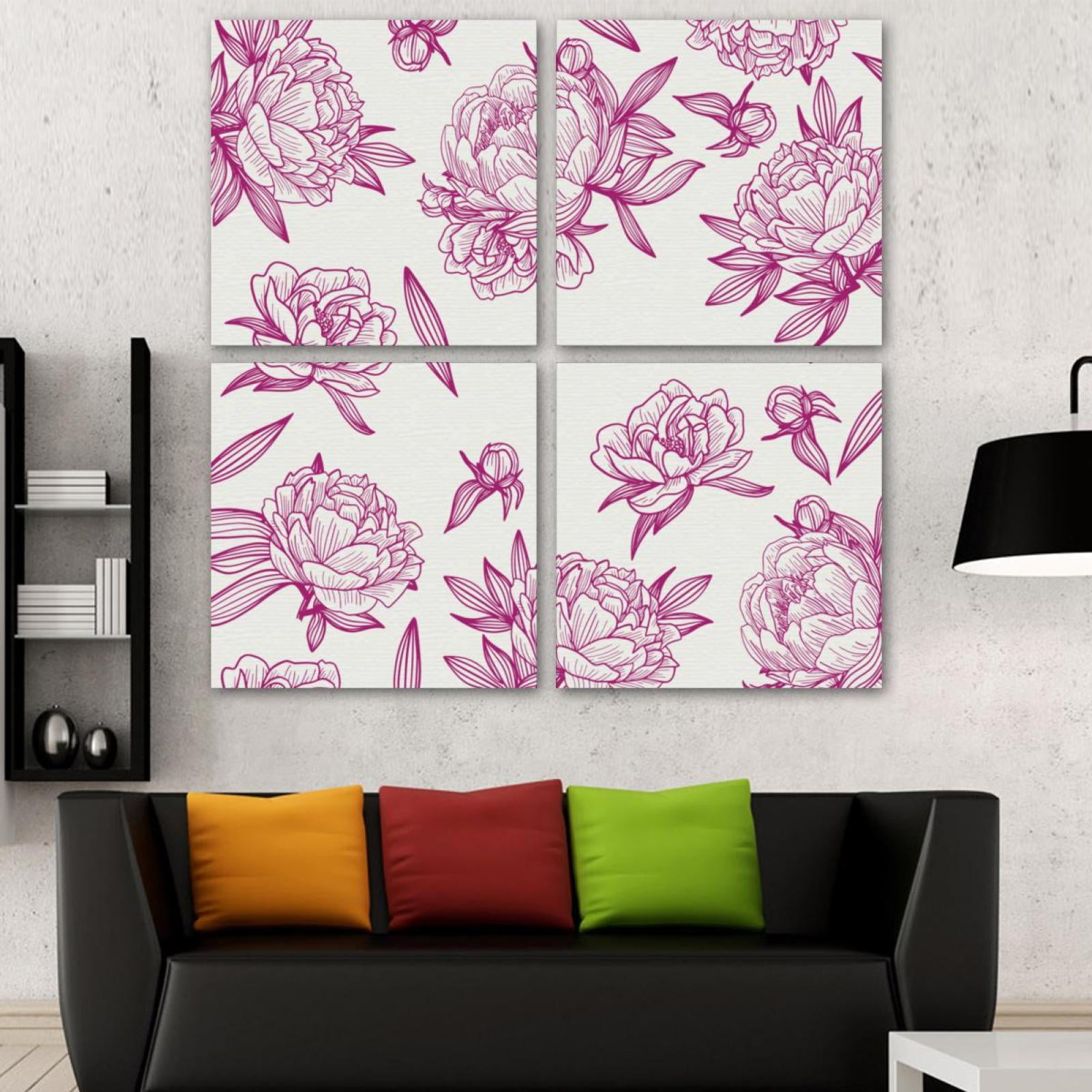 OWNSERIES Hand Drawn Peony Flower Rosy Pattern 4PC Frameless Canvas ...