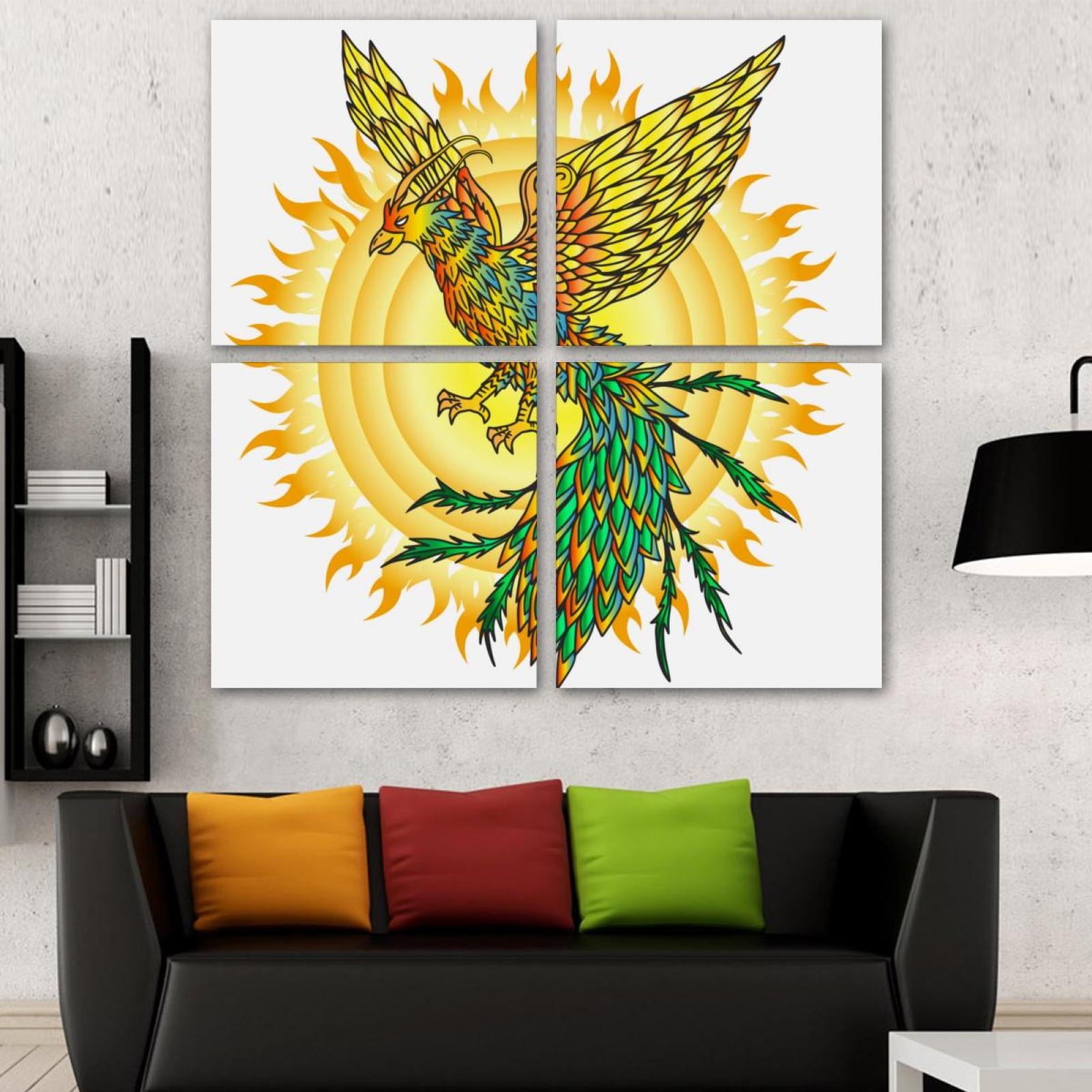 OWNSERIES Hand Drawn Phoenix Bird and Flaming Sun Pattern 4PC Frameless ...