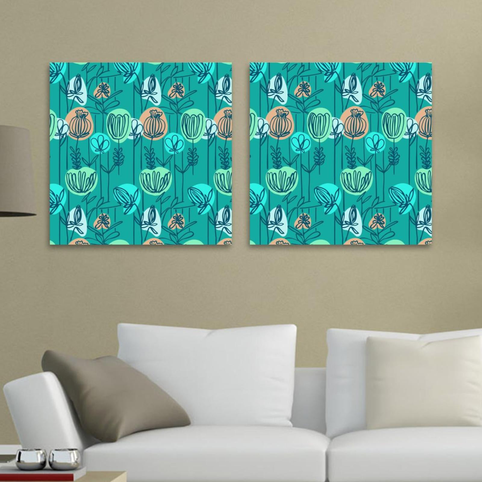 OWNSERIES Hand Drawn Retro Blue Flowers Pattern 2PC Canvas Wall Art ...