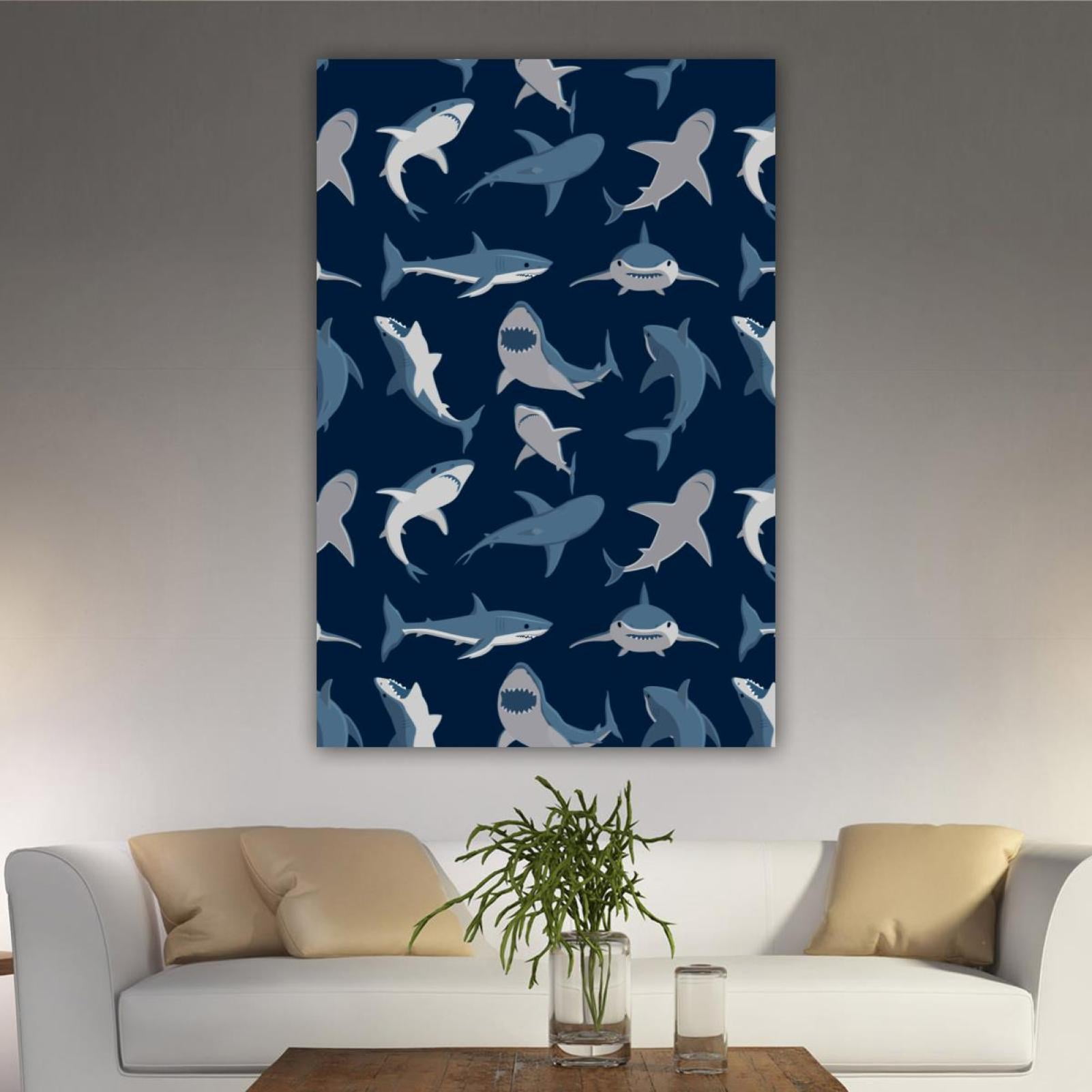 OWNSERIES Home Decor Blue Sharks Pattern Navy Background Pattern Canvas ...