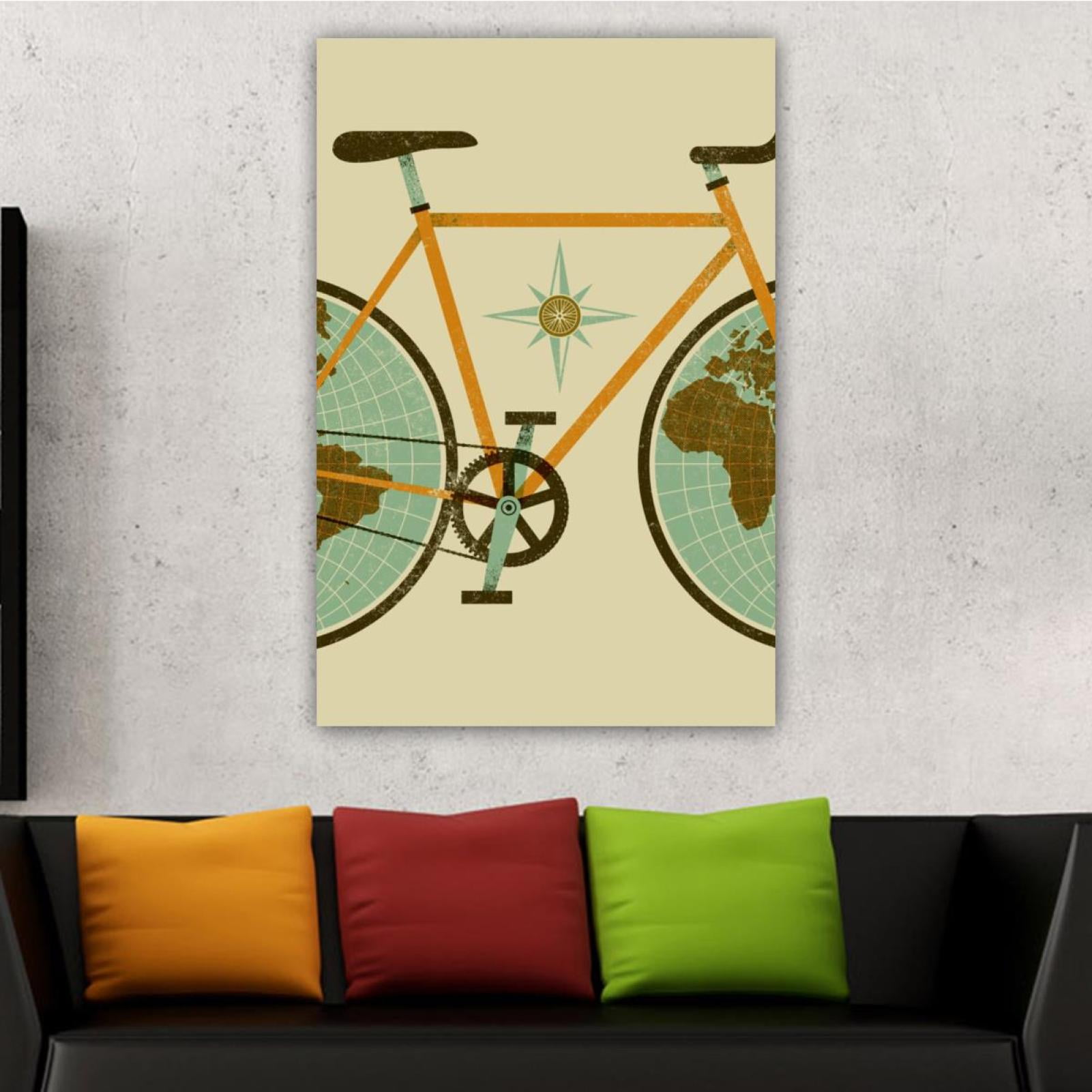 OWNSERIES Home Decor Funny Retro World Map with Bike Pattern Canvas ...