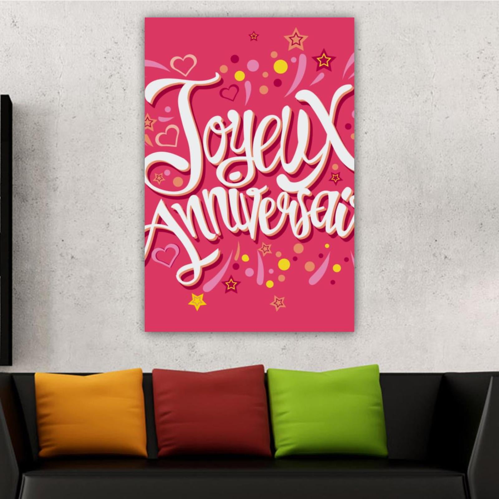 OWNSERIES Home Decor Happy Birthday in French Joyeux Anniversaire Pink Pattern Canvas Wall Art ...