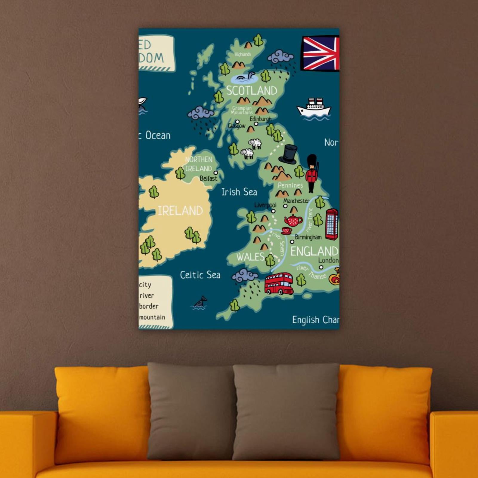 OWNSERIES Home Decor Map of United Kingdom Pattern Canvas Wall Art ...