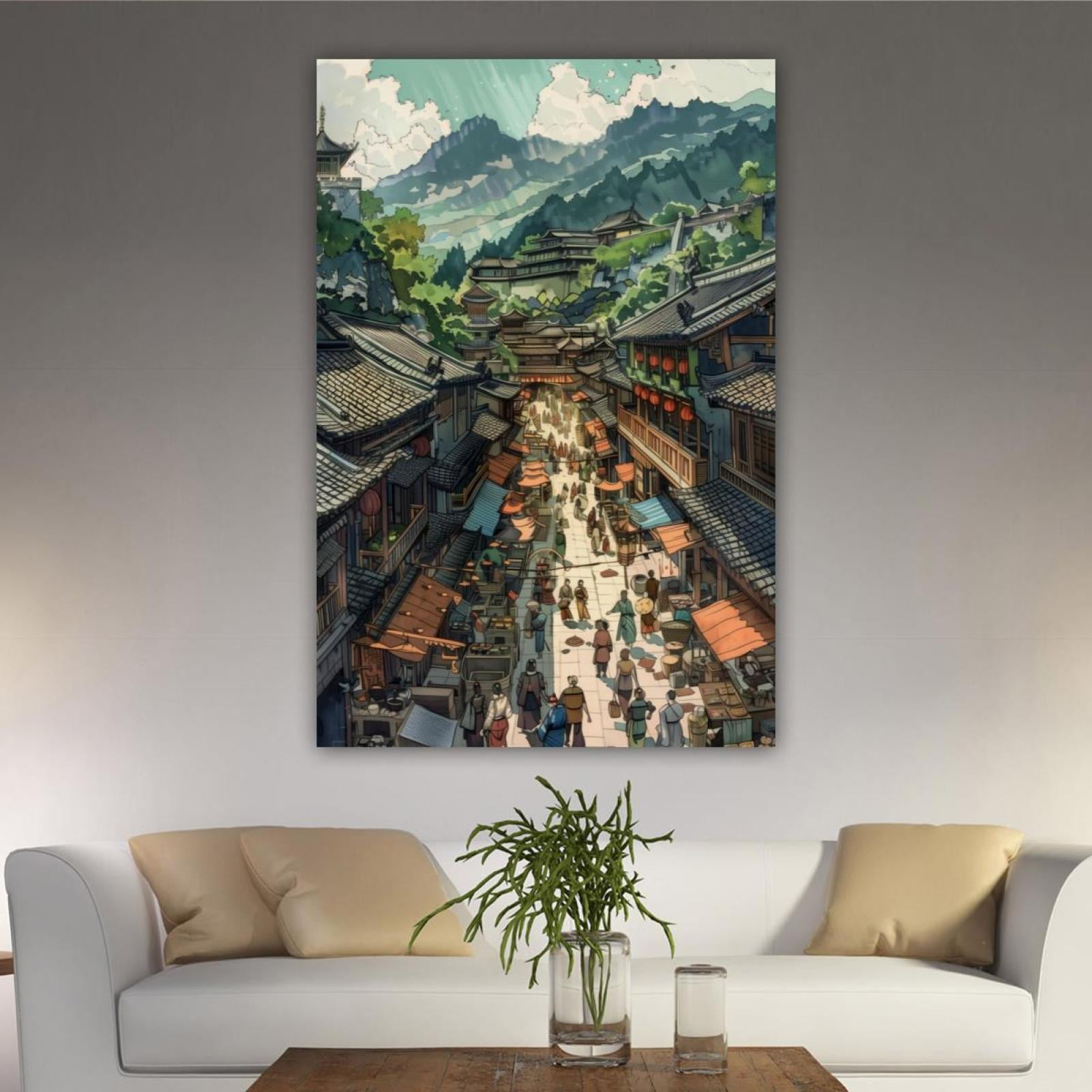 OWNSERIES Home Decor Mountain Village Ancient Town Pattern Canvas Wall ...