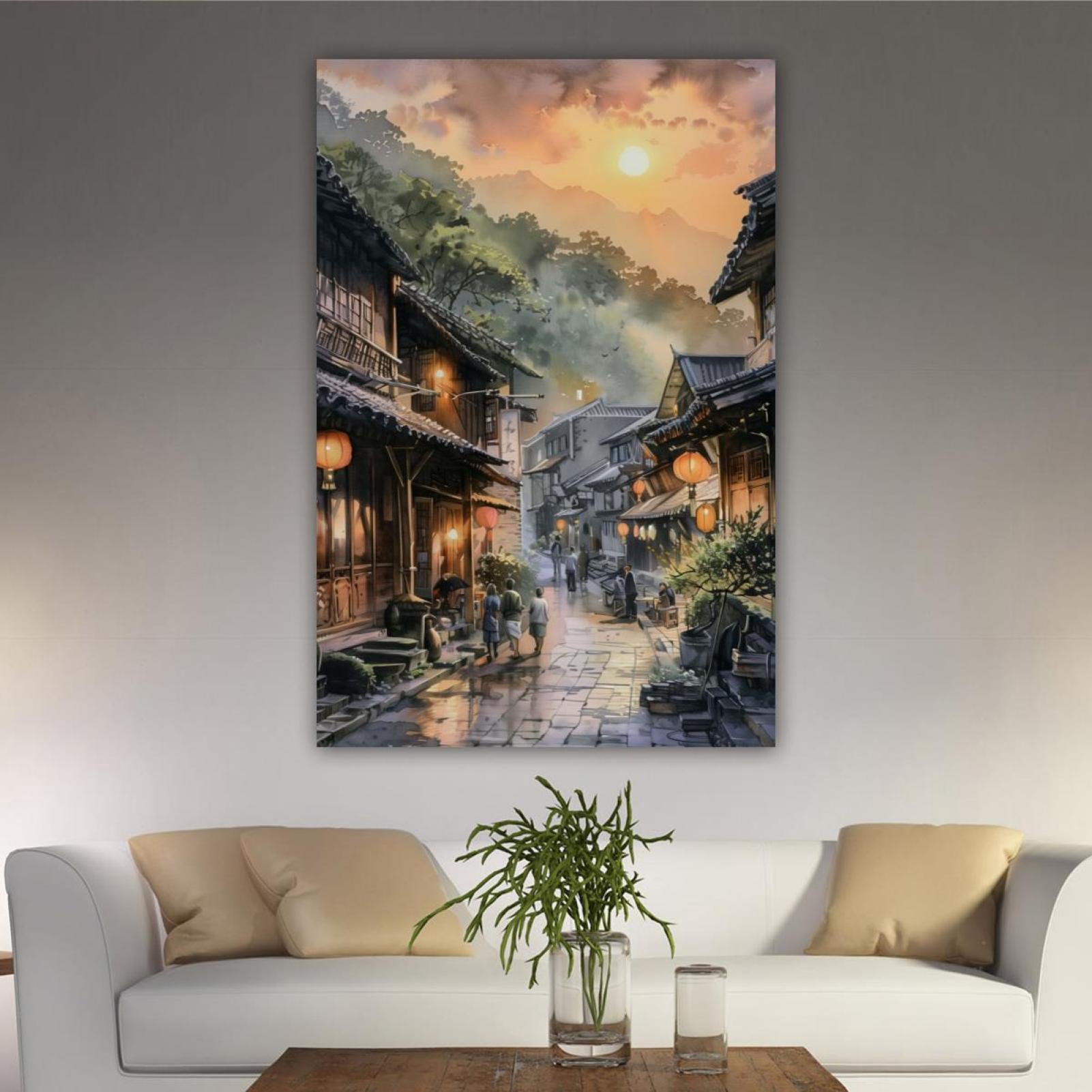 OWNSERIES Home Decor Mountain Village Ancient Town Pattern Canvas Wall ...
