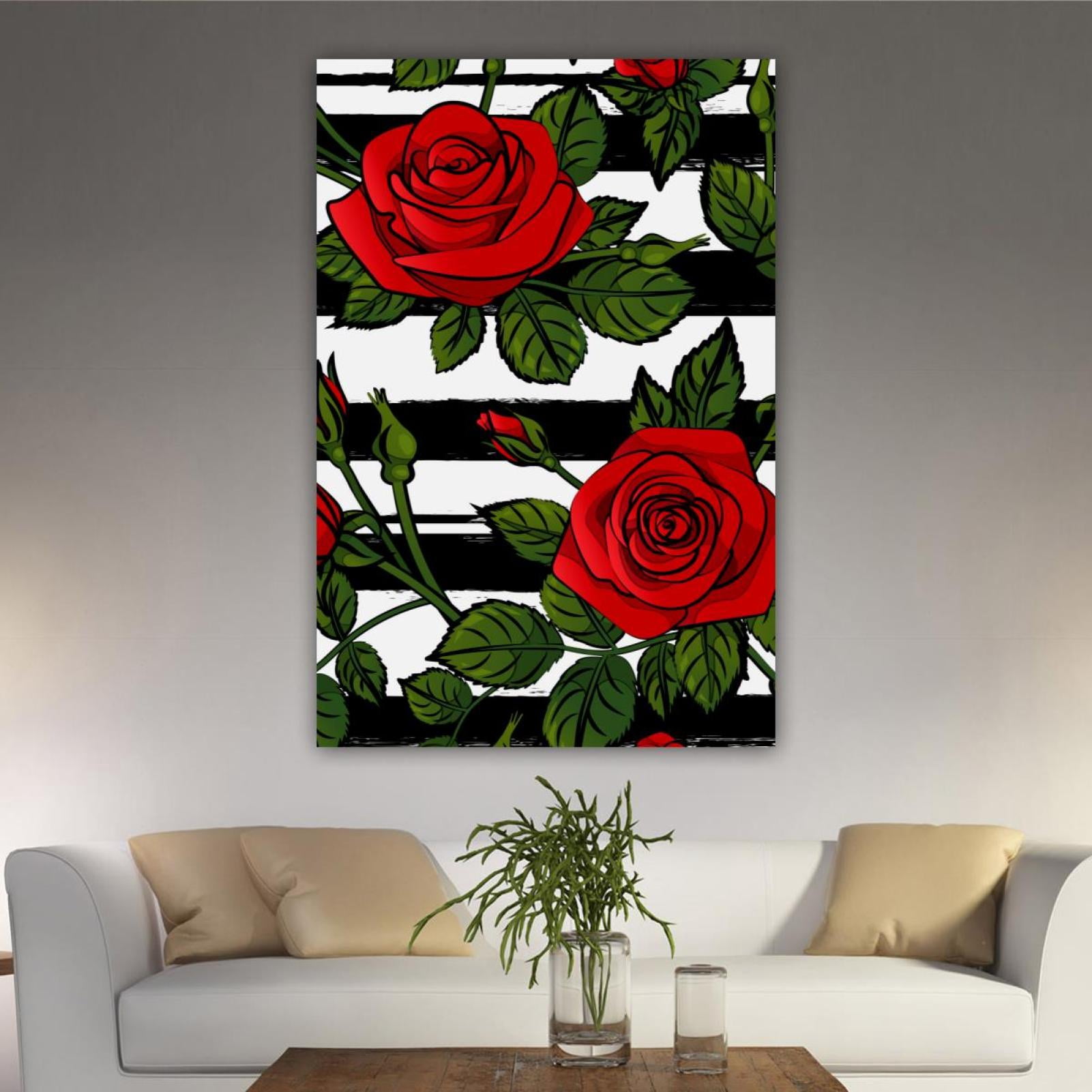 OWNSERIES Home Decor Red Rose Flower Leaves Black White Stripe Pattern ...