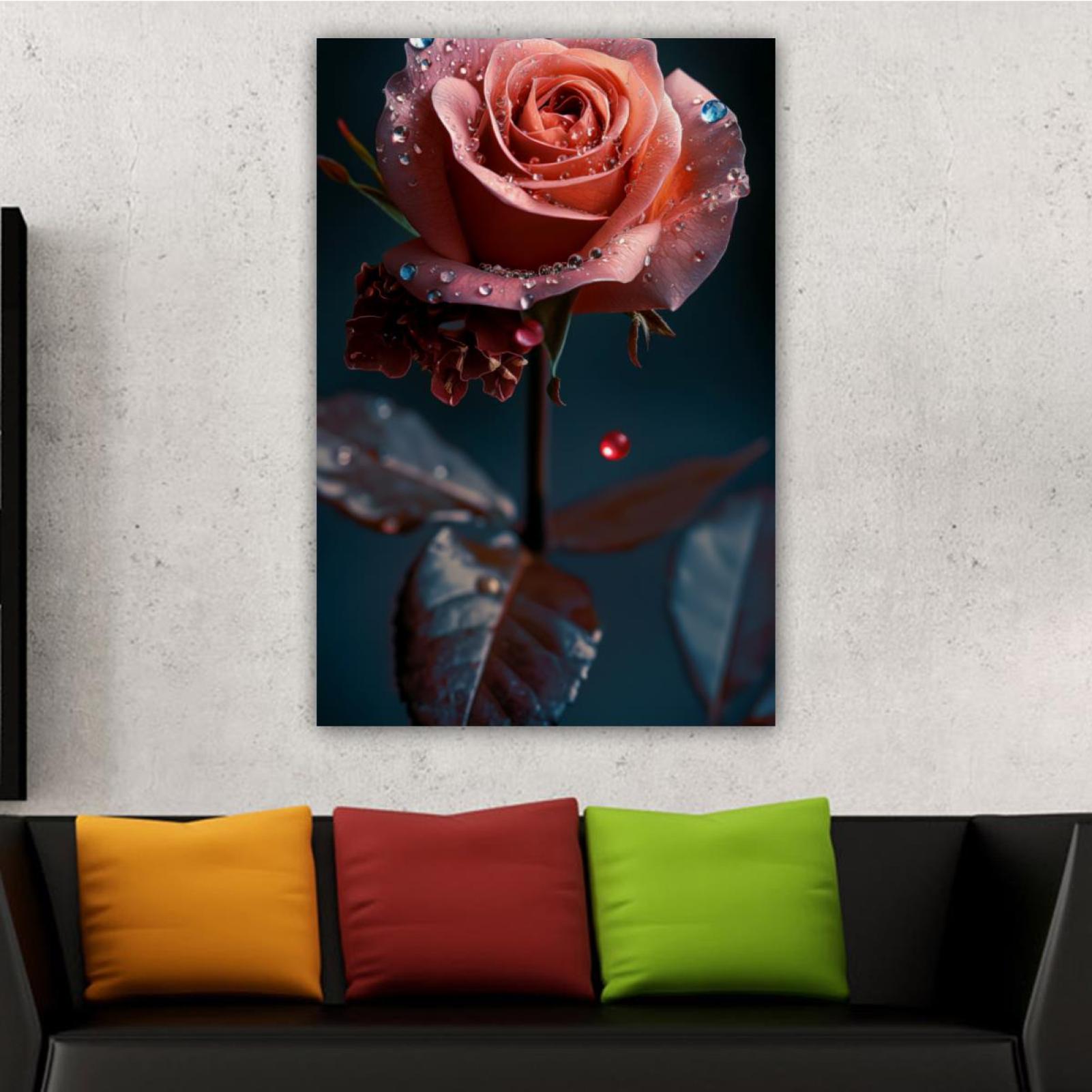 OWNSERIES Home Decor Rose with Dew Drops Pattern Canvas Wall Art ...