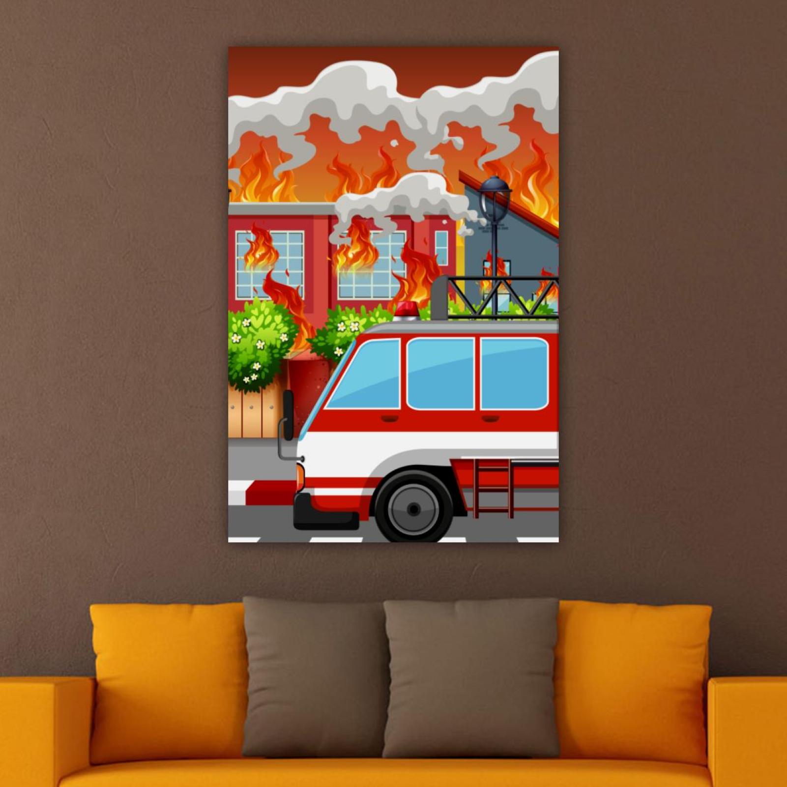 OWNSERIES Home Decor a Village on Fire Red Fire Truck Pattern Canvas ...
