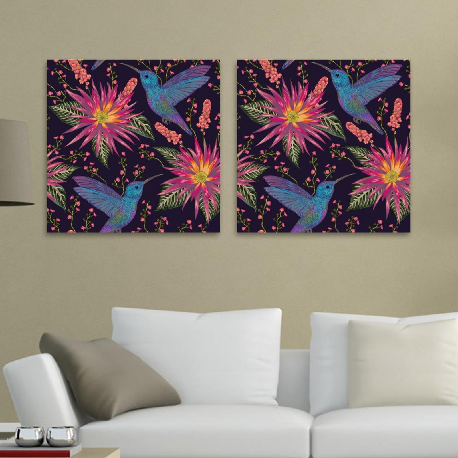 OWNSERIES Hummingbird Tropical Red Flowers Pattern 2PC Canvas Wall Art ...