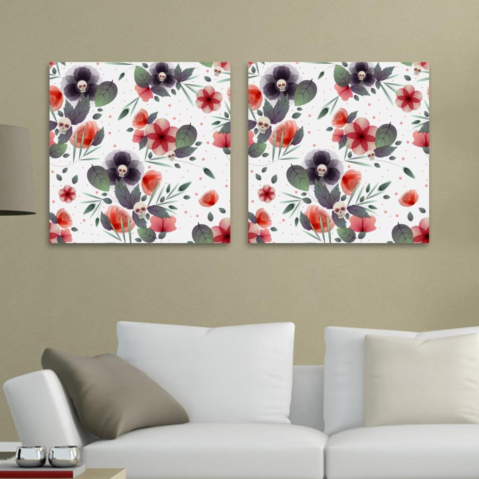 OWNSERIES Ink Flowers with Skulls-01 Pattern 2PC Canvas Wall Art ...