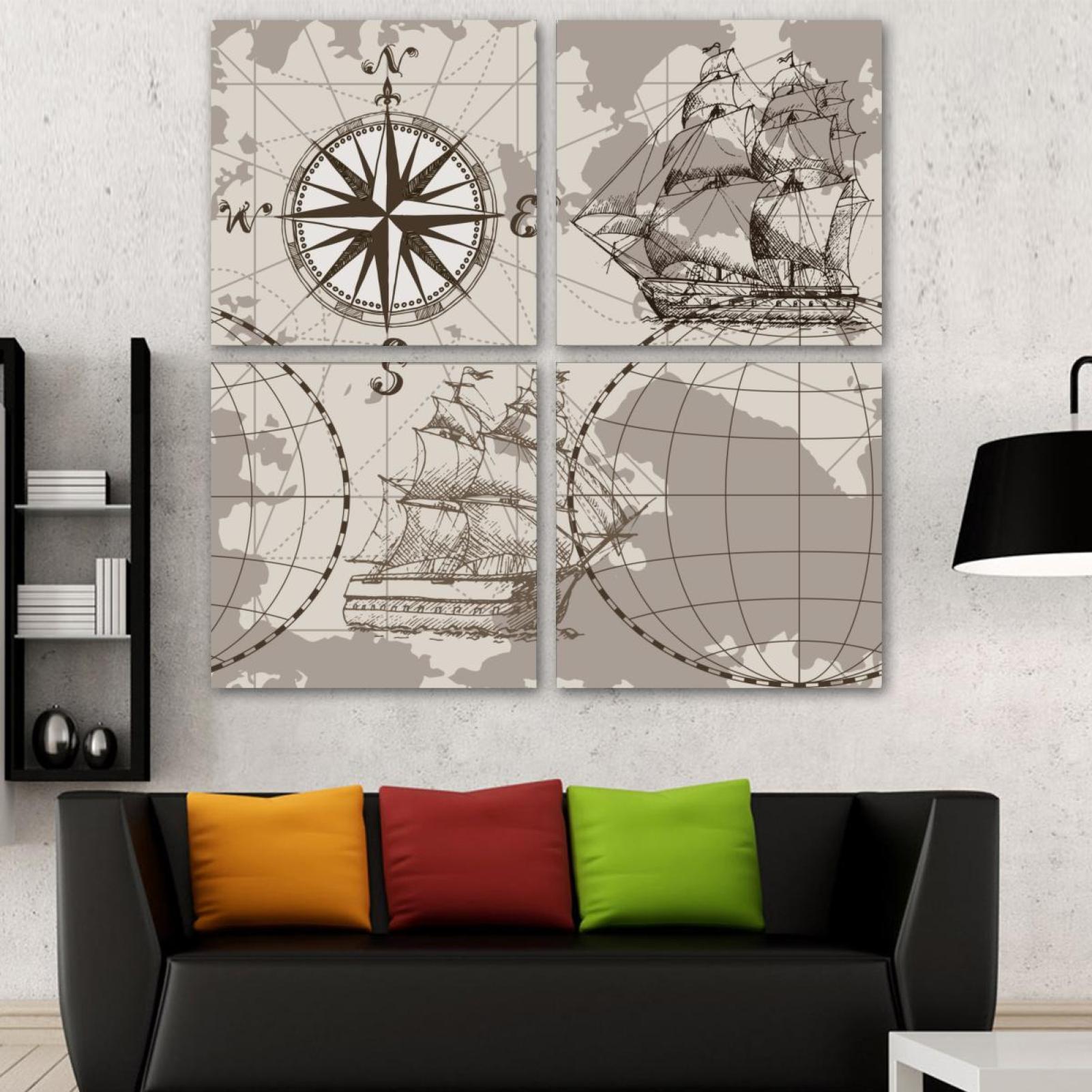 OWNSERIES Map Compass Pattern 4PC Frameless Canvas Wall Art Paintings ...