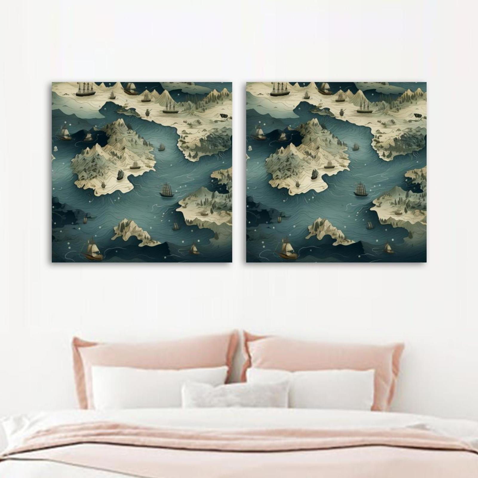 OWNSERIES Map Pattern Pattern 2PC Canvas Wall Art Paintings for Living ...