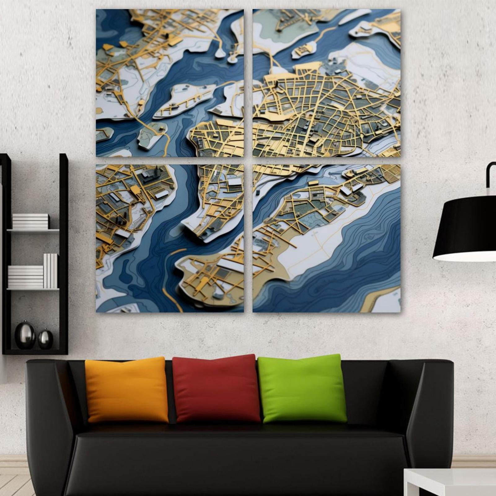 OWNSERIES Map Pattern Pattern 4PC Frameless Canvas Wall Art Paintings ...