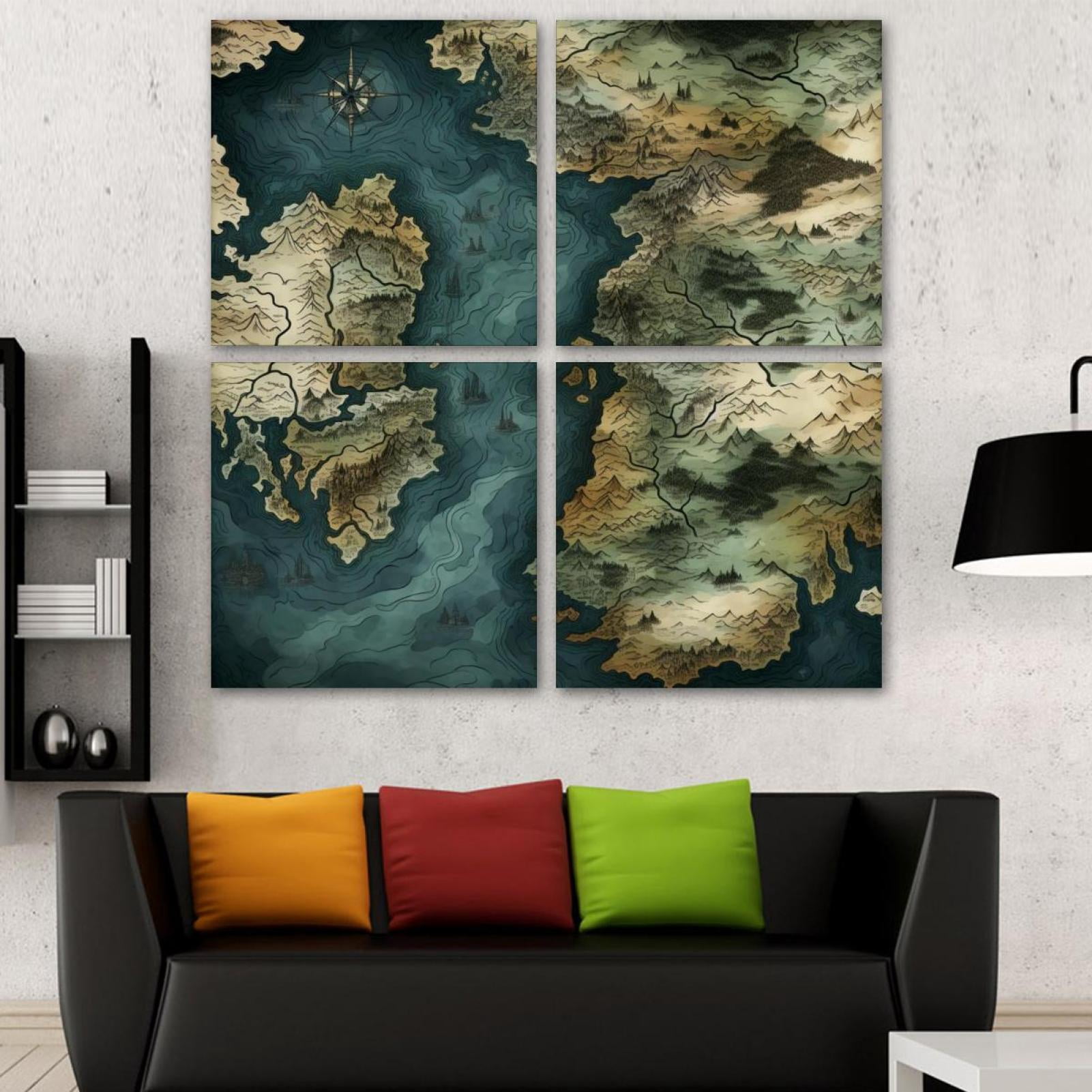 OWNSERIES Map Pattern Pattern 4PC Frameless Canvas Wall Art Paintings ...