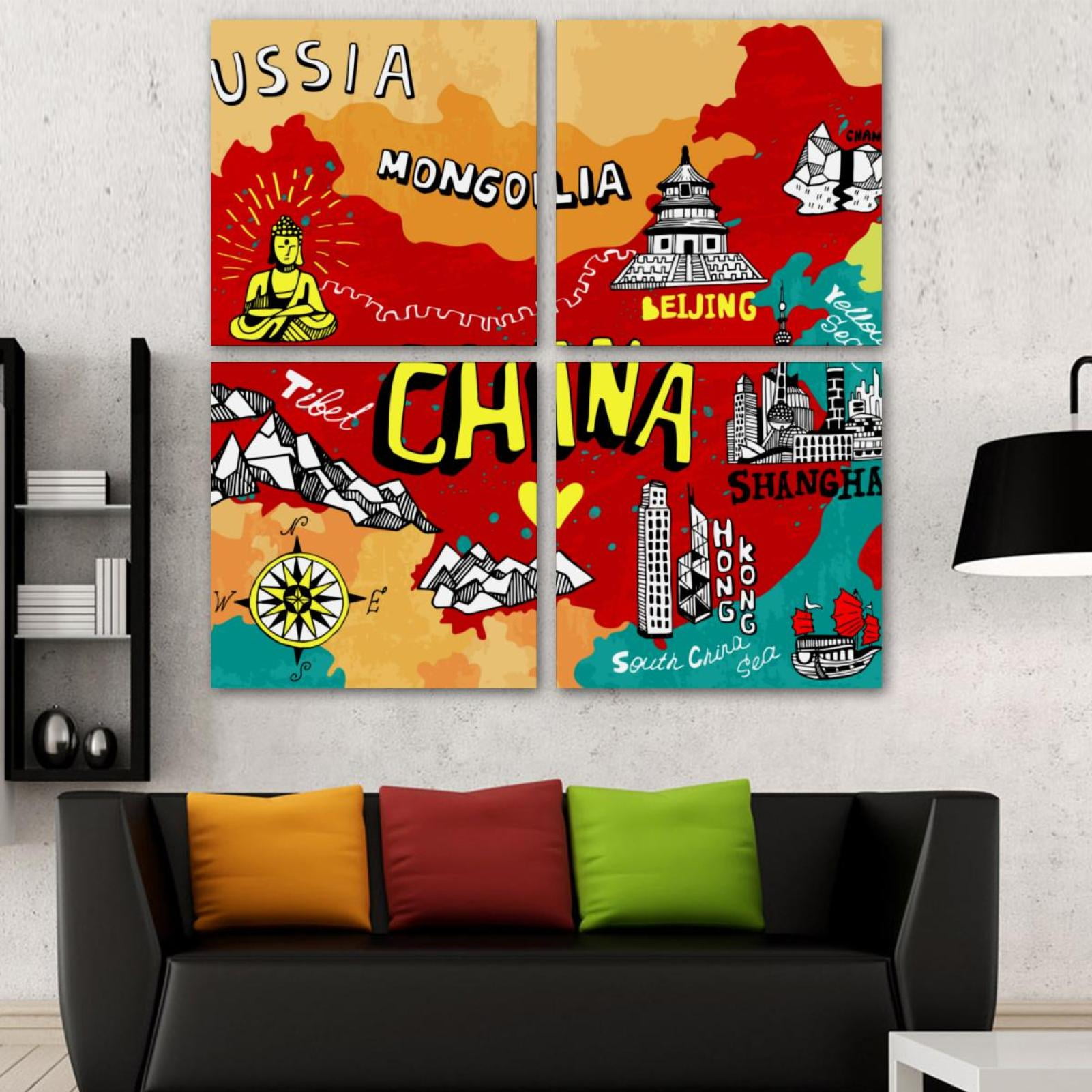 OWNSERIES Map of China Pattern 4PC Frameless Canvas Wall Art Paintings ...