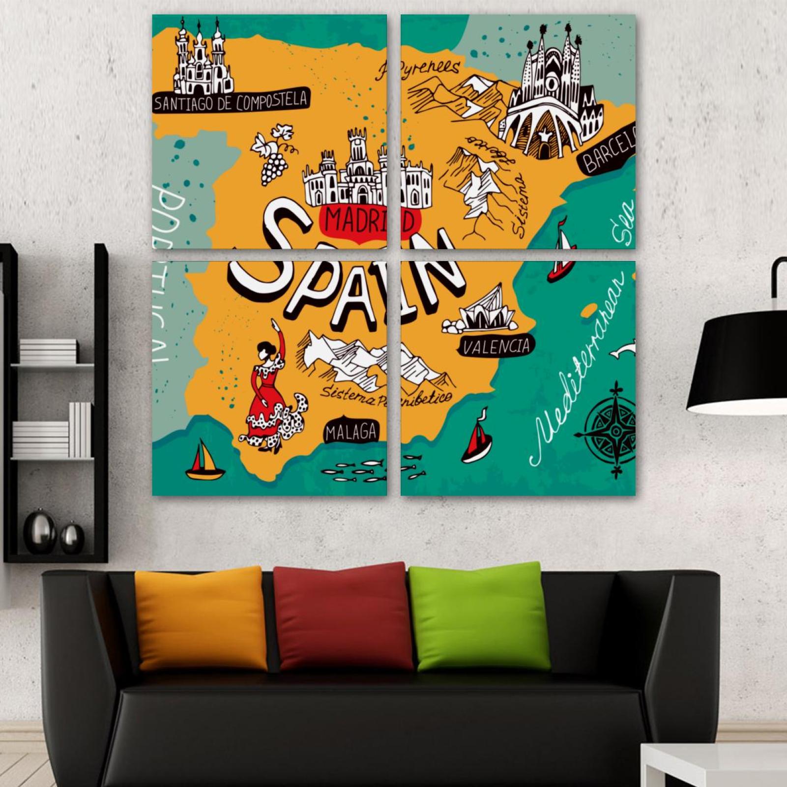 OWNSERIES Map of Spain Pattern 4PC Frameless Canvas Wall Art Paintings ...