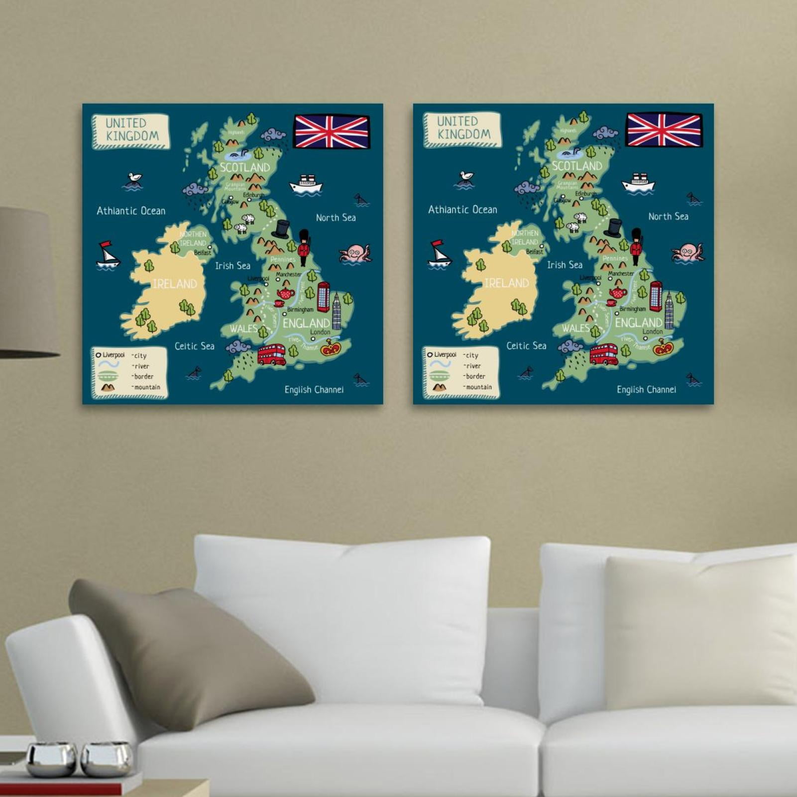 OWNSERIES Map of United Kingdom Pattern 2PC Canvas Wall Art Paintings ...