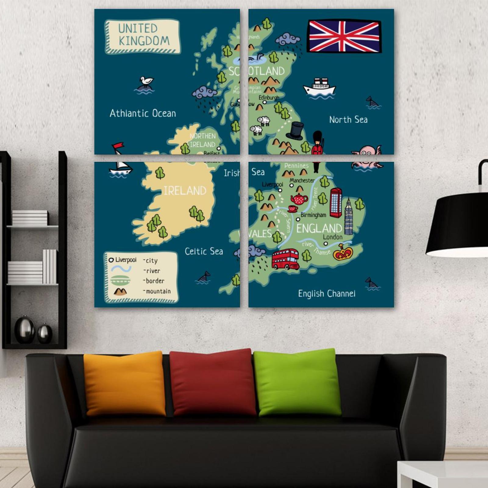 OWNSERIES Map of United Kingdom Pattern 4PC Frameless Canvas Wall Art ...