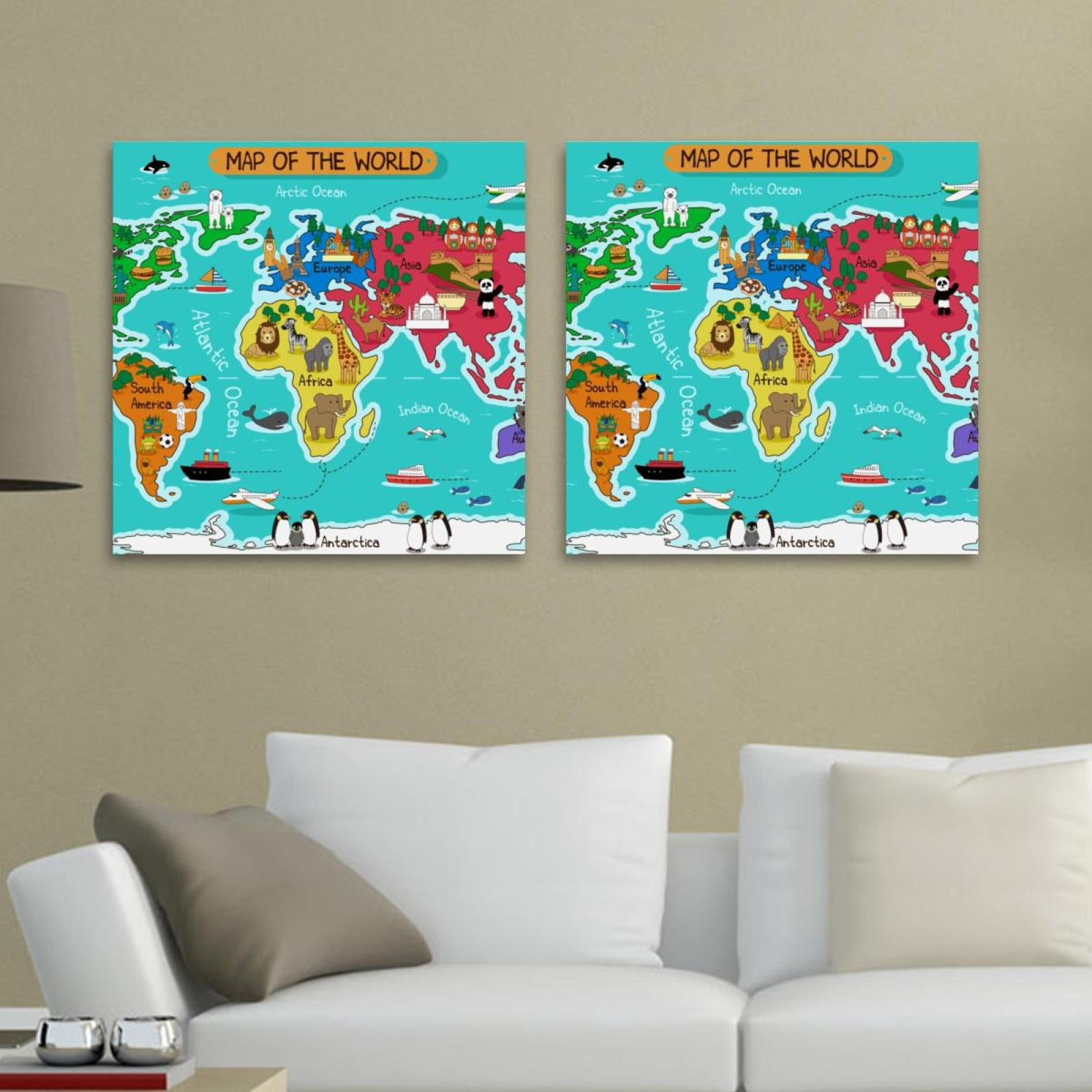 OWNSERIES Map of the World Pattern 2PC Canvas Wall Art Paintings for ...