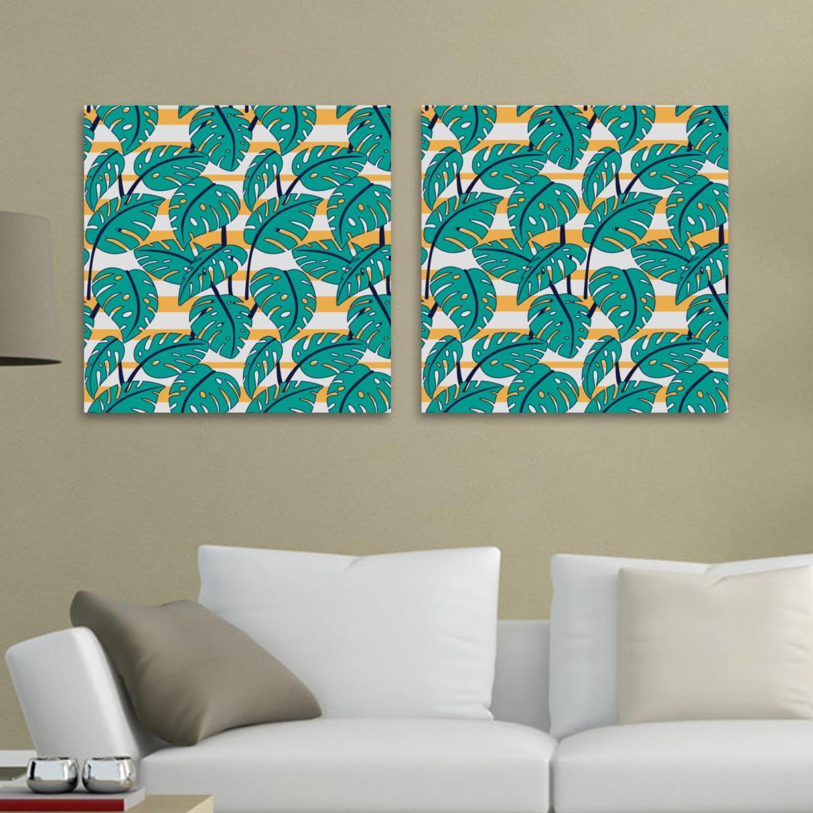 OWNSERIES Monstera Pattern Orange White Stripe Pattern 2PC Canvas Wall ...