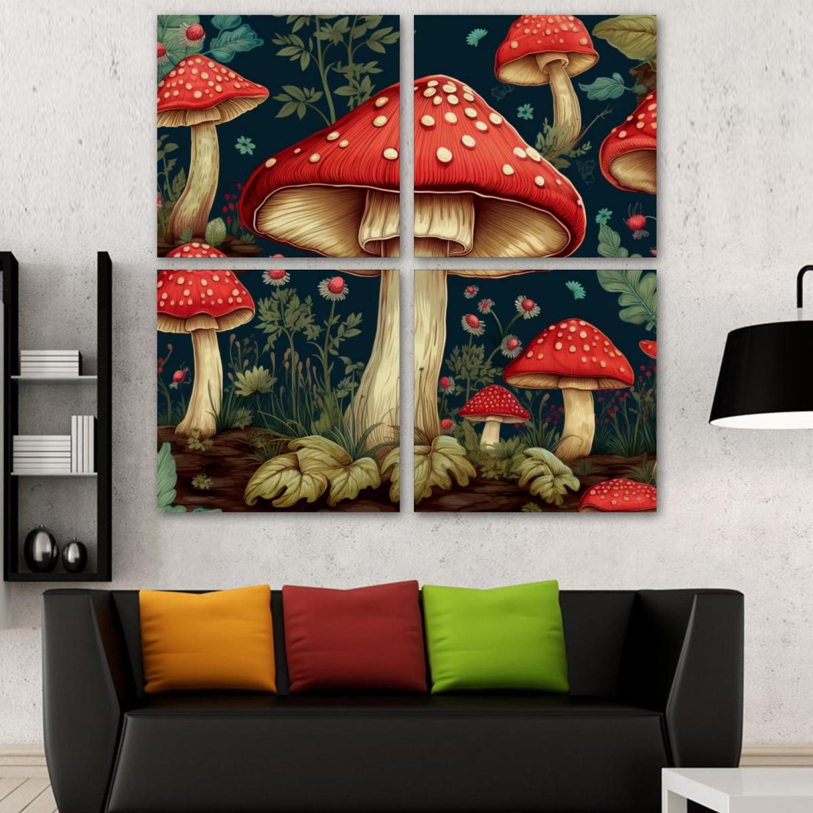 OWNSERIES Mushroom Pattern 4PC Frameless Canvas Wall Art Paintings for Living Room Canvas Print ...