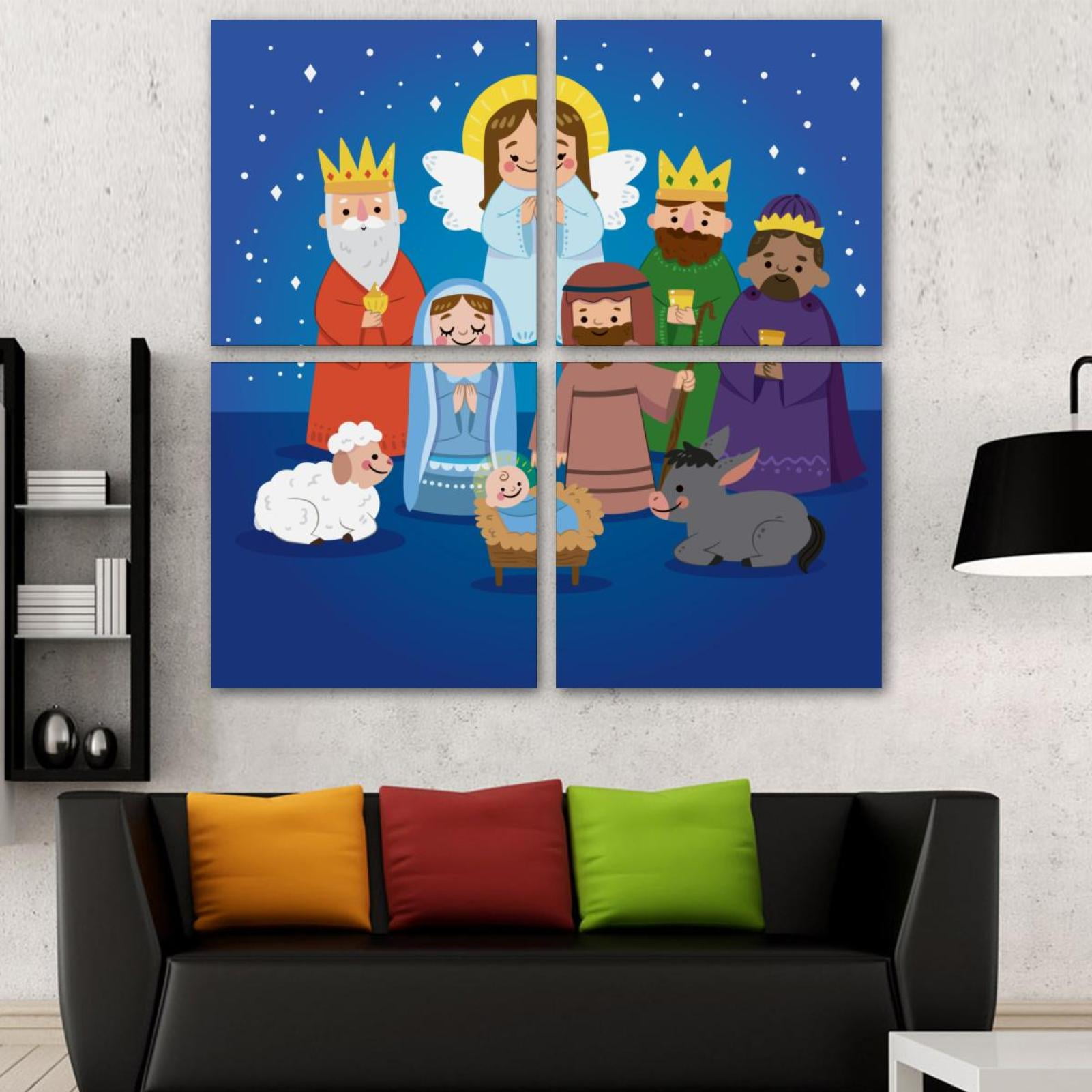 OWNSERIES Nativity Blue Pattern 4PC Frameless Canvas Wall Art Paintings ...