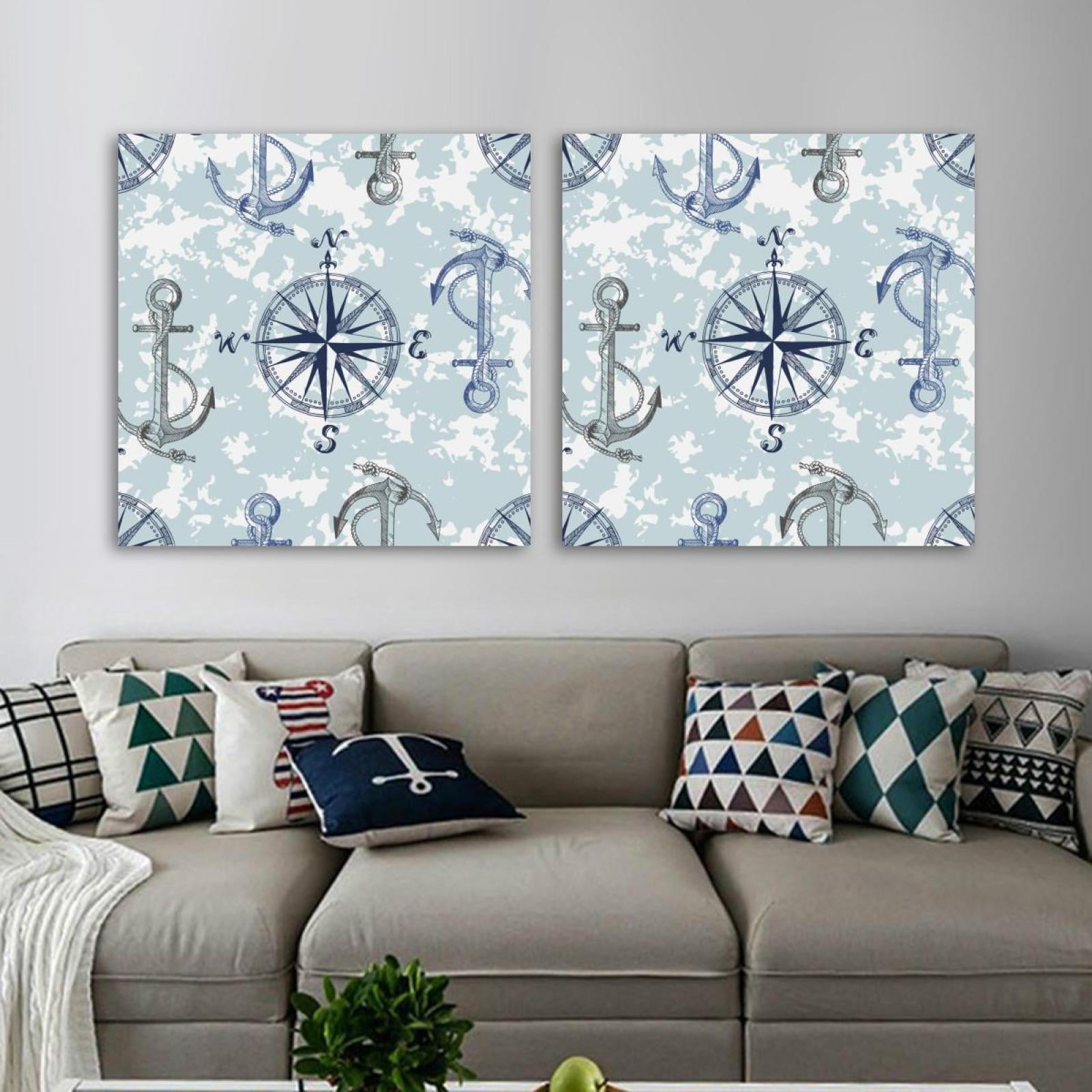 OWNSERIES Nautical Compass Anchor Pattern 2PC Canvas Wall Art Paintings ...