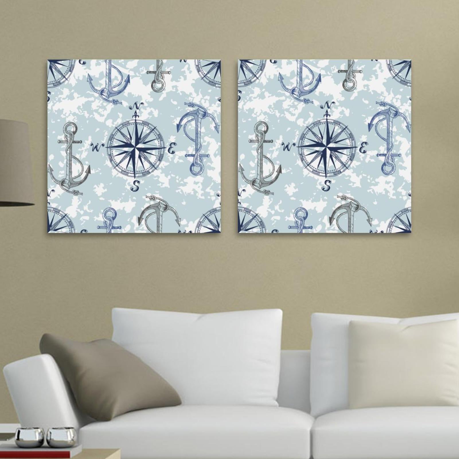 OWNSERIES Nautical Compass Anchor Pattern 2PC Canvas Wall Art Paintings ...