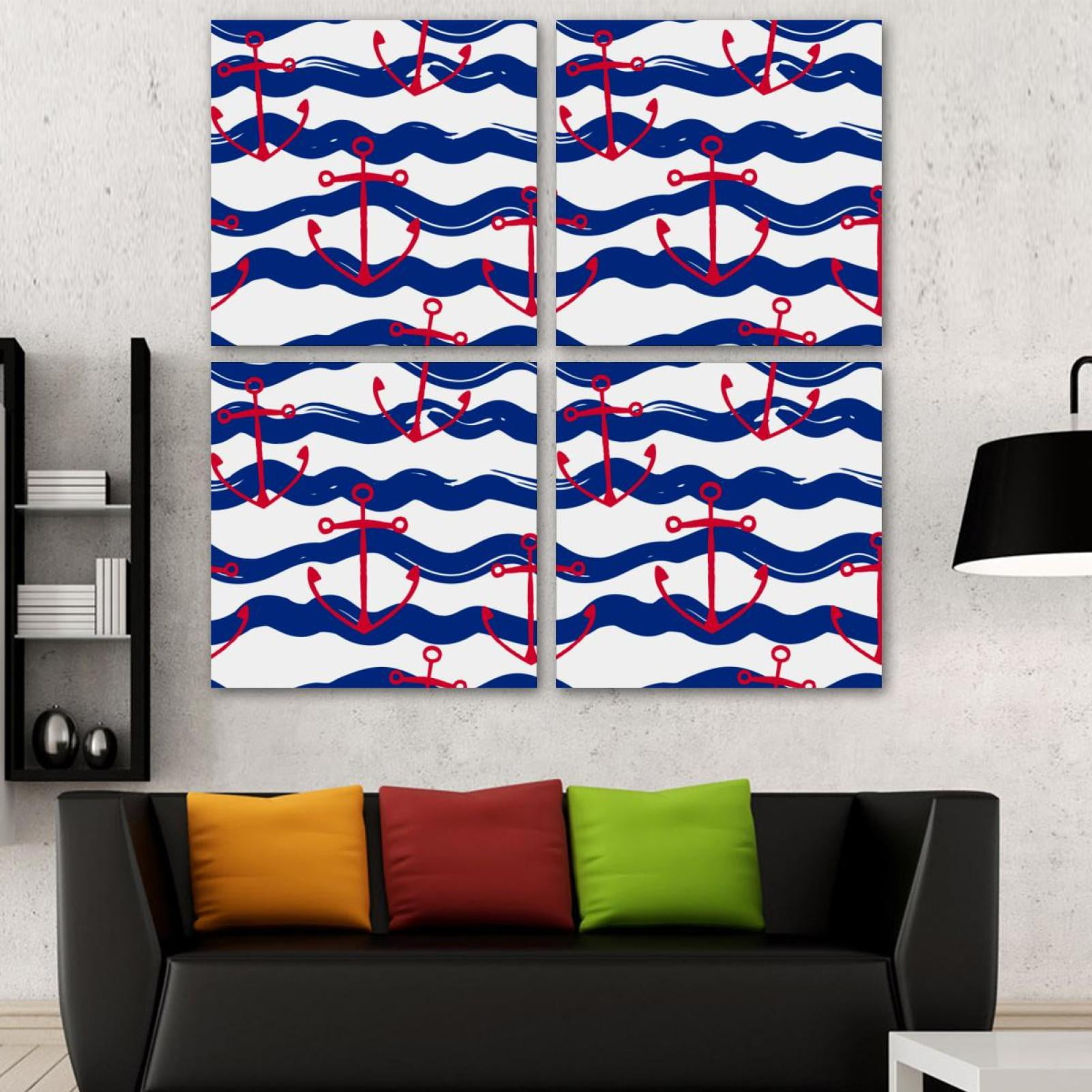 OWNSERIES Nautical Ocean Anchor Corrugated Pattern 4PC Frameless Canvas Wall Art Paintings for ...