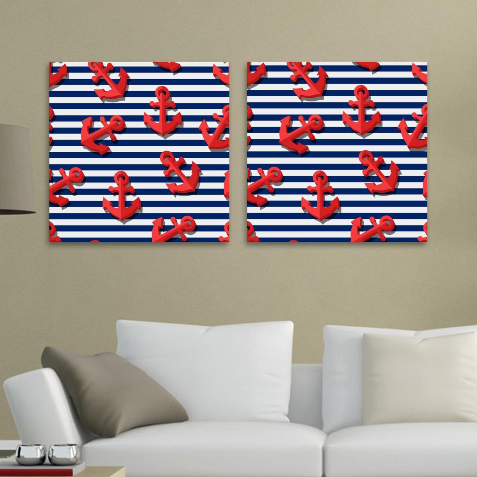 OWNSERIES Nautical Ocean Stripe Anchor Pattern 2PC Canvas Wall Art ...