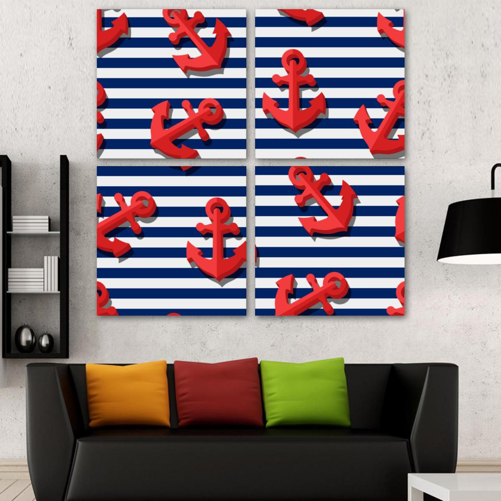 OWNSERIES Nautical Ocean Stripe Anchor Pattern 4PC Frameless Canvas ...