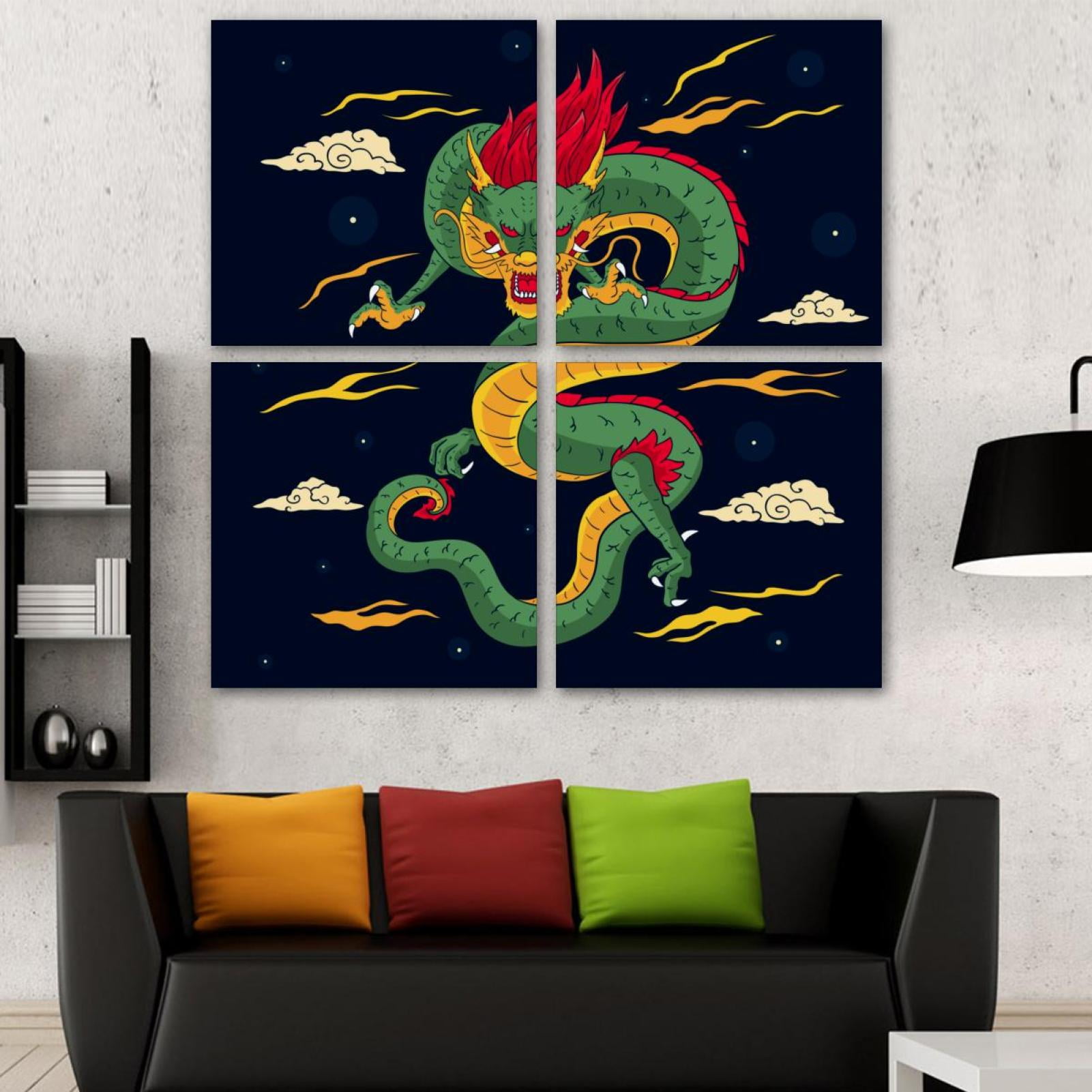 OWNSERIES Navy Blue Chinese Dragon Pattern 4PC Frameless Canvas Wall ...