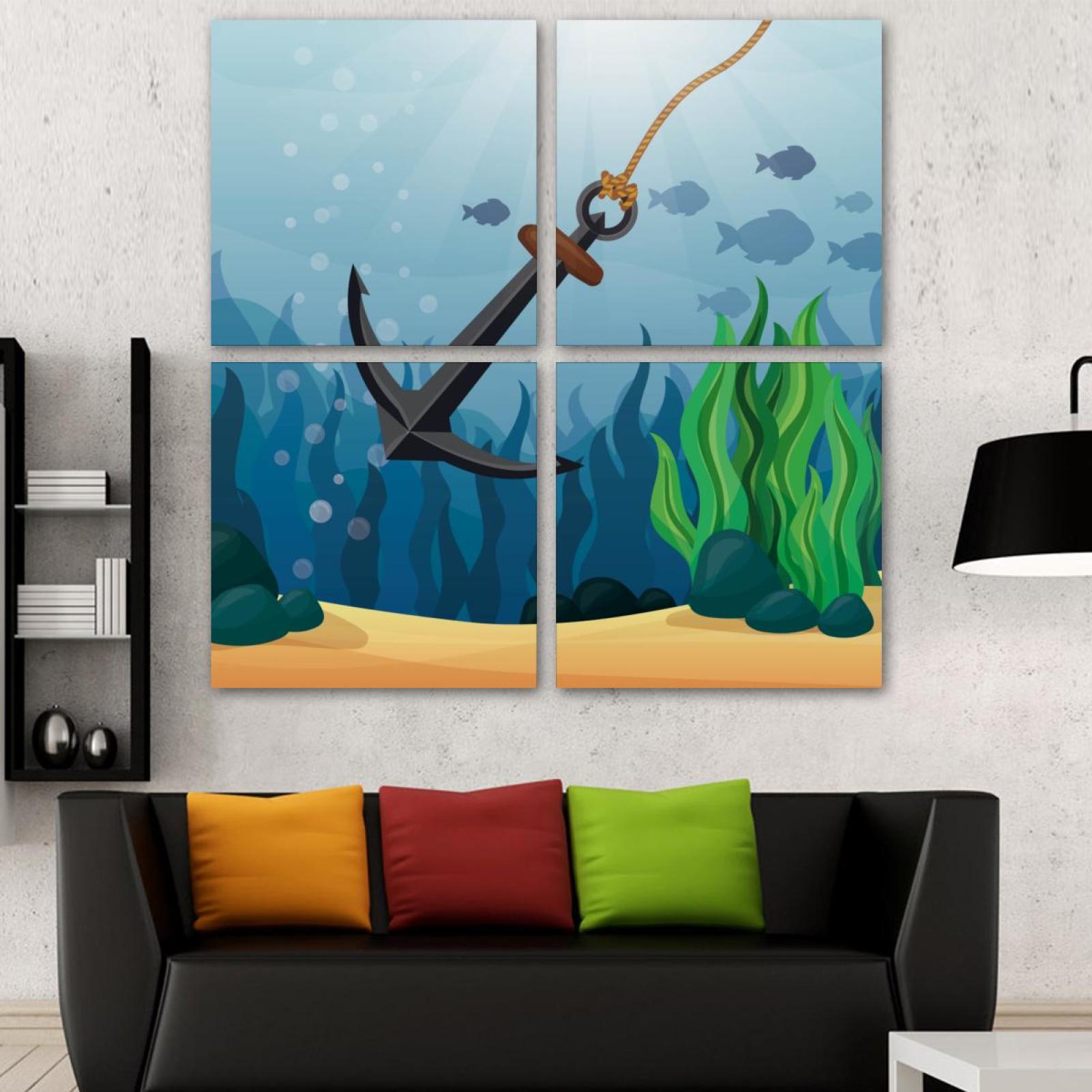 OWNSERIES Ocean Nautical Anchor Pattern 4PC Frameless Canvas Wall Art Paintings for Living Room ...