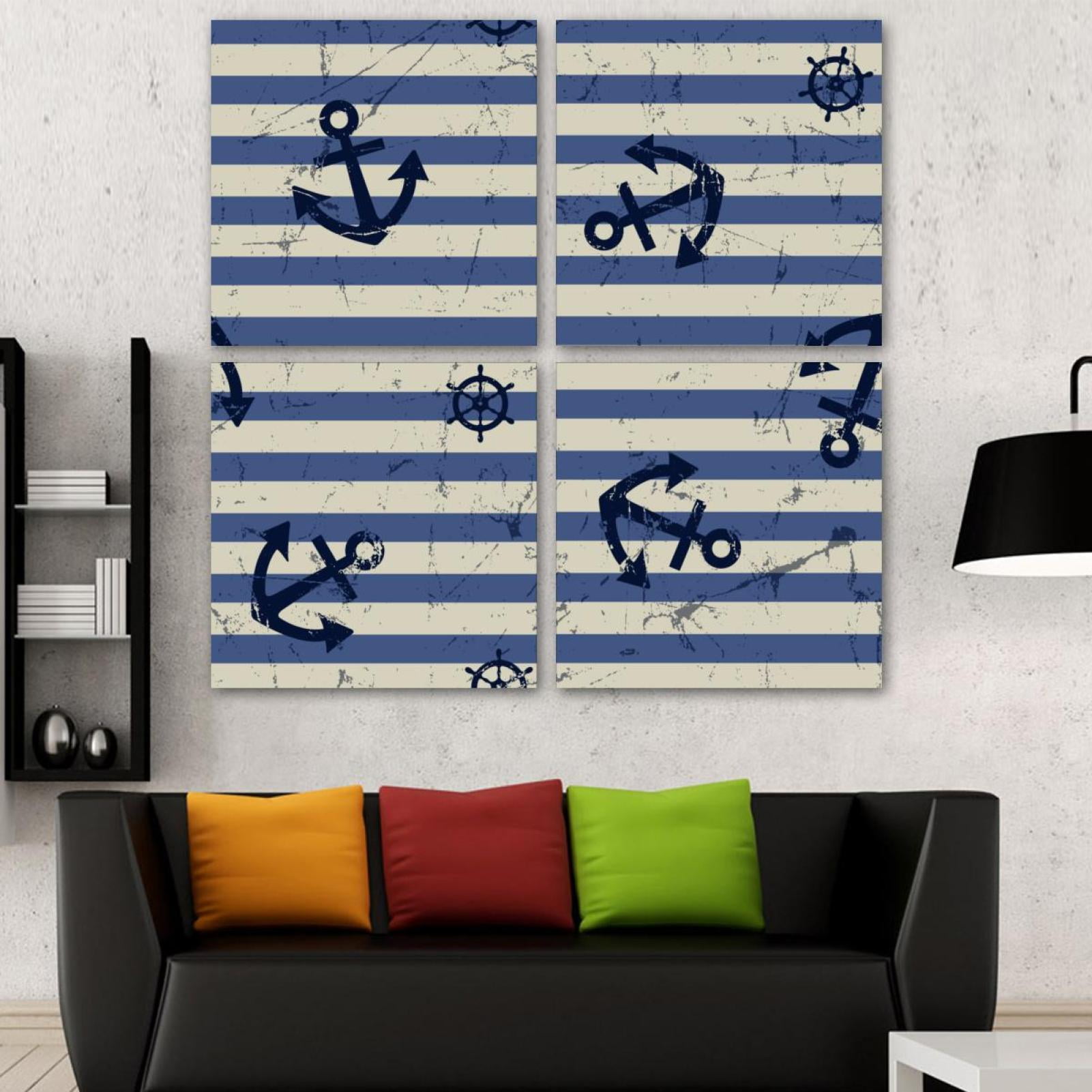 OWNSERIES Ocean Stripe Anchor Pattern 4PC Frameless Canvas Wall Art ...